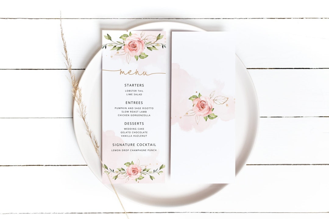 Floral Menu Card. Blush Pink Gold Menu Card Template. Elegant Floral ...