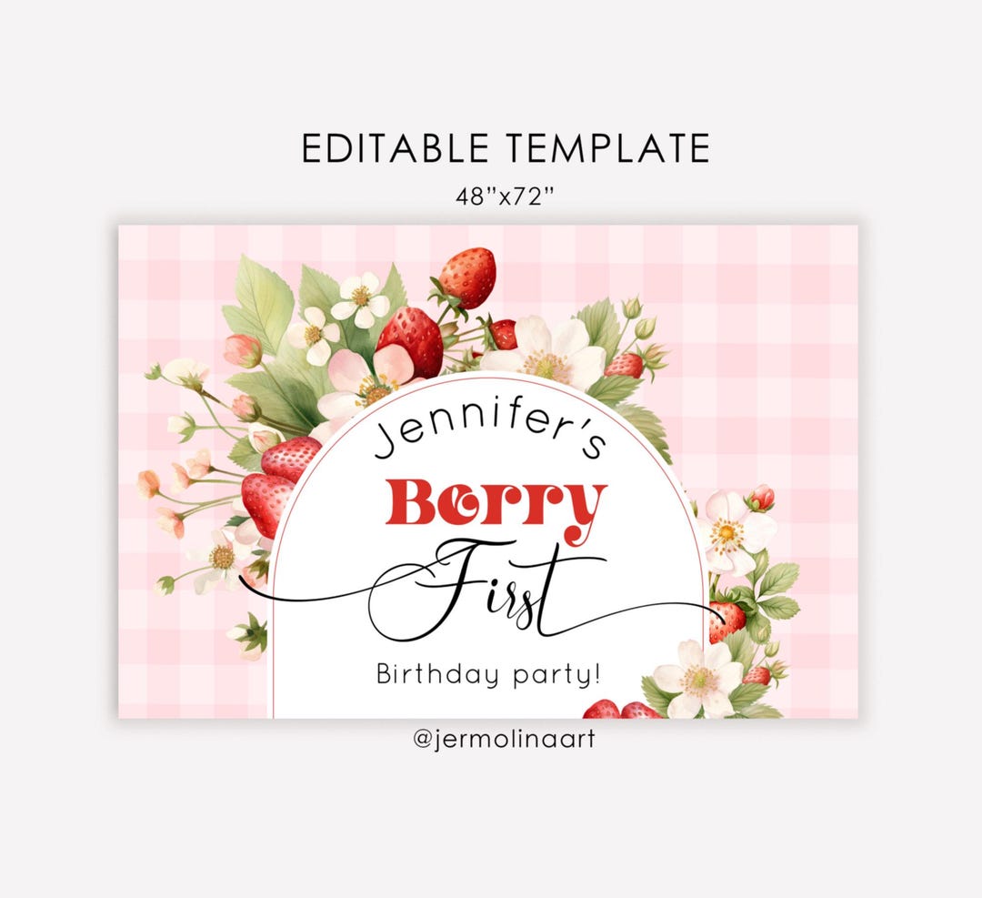 Editable Berry First Birthday Backdrop Template. Berry Birthday Banner ...