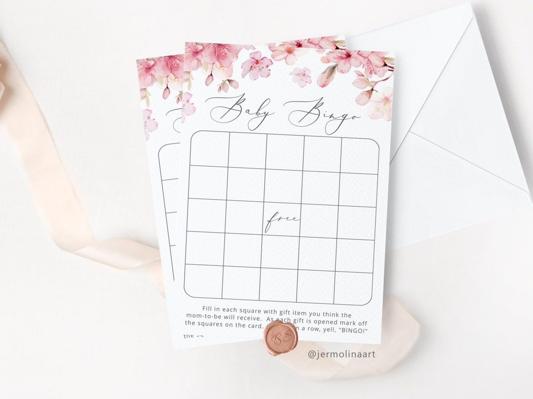 Blush Pink Baby Shower Bingo Card. Cherry Blossom Baby Shower Bingo ...