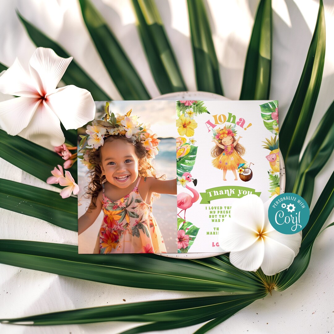 Aloha Luau Birthday Thank You Card With Photo. Editable Luau Party ...