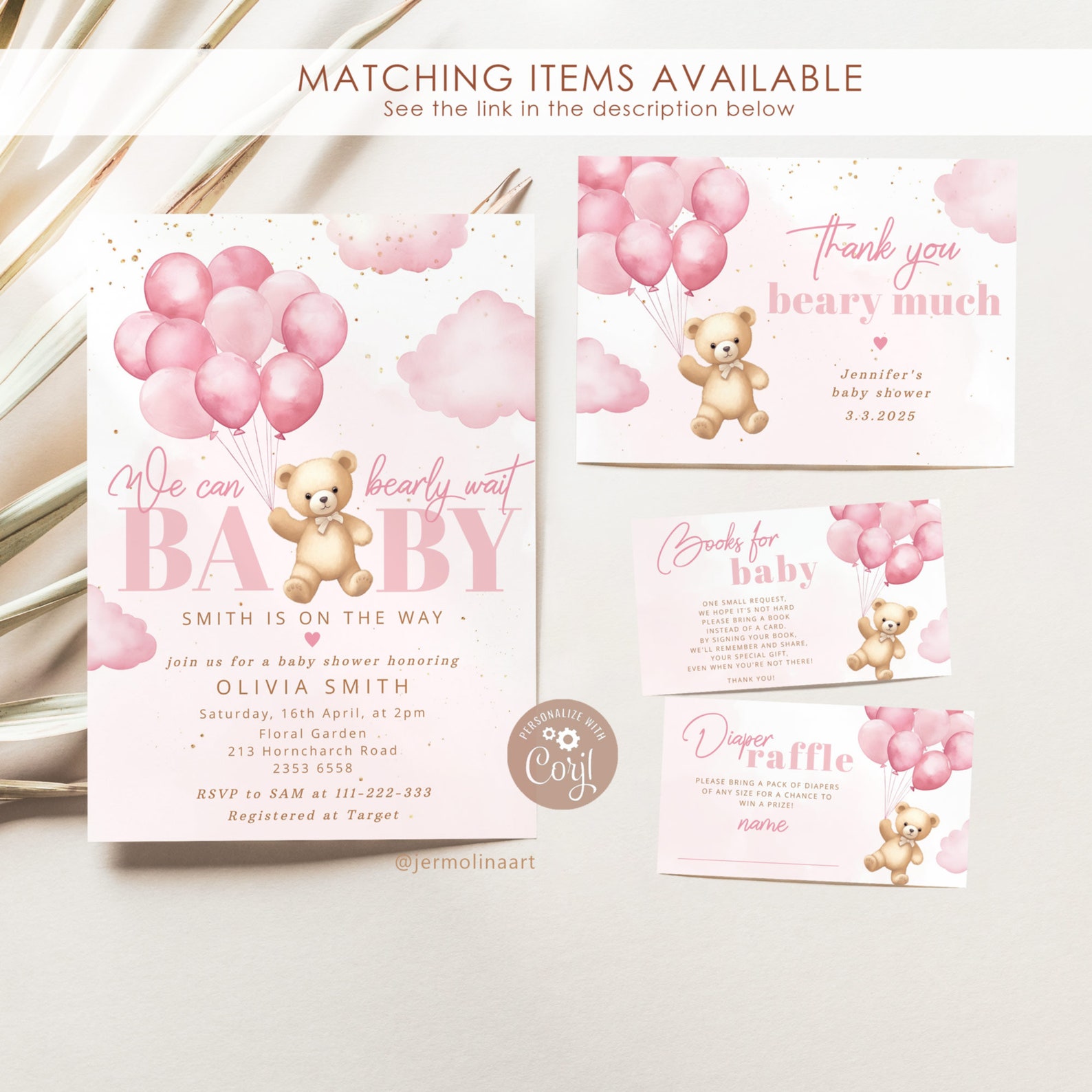 Pink Teddy Bear Thank You Cards Printable Template. Pink Balloons Girl ...