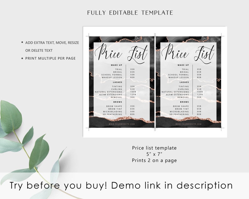 Price List Template. Black Rose Gold Price List Template. DIY | Etsy