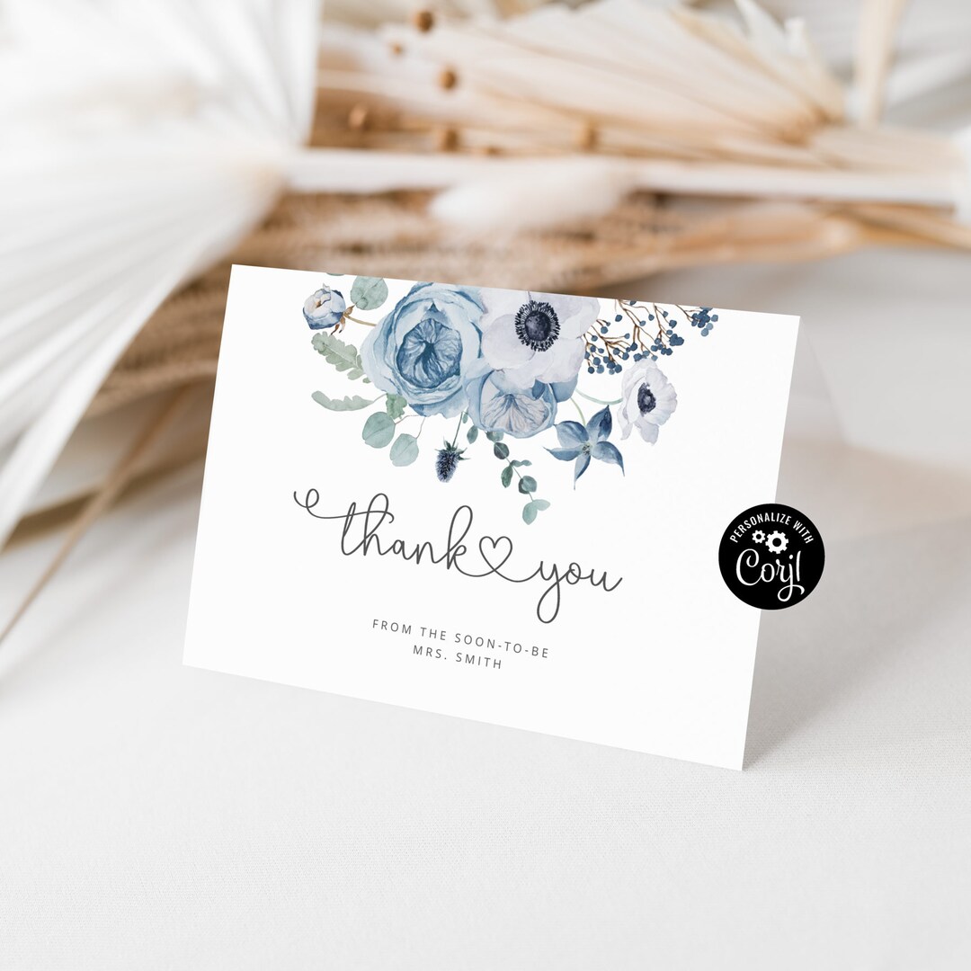 Editable Dusty Blue Thank You Card. Floral Dusty Blue Bridal Shower ...