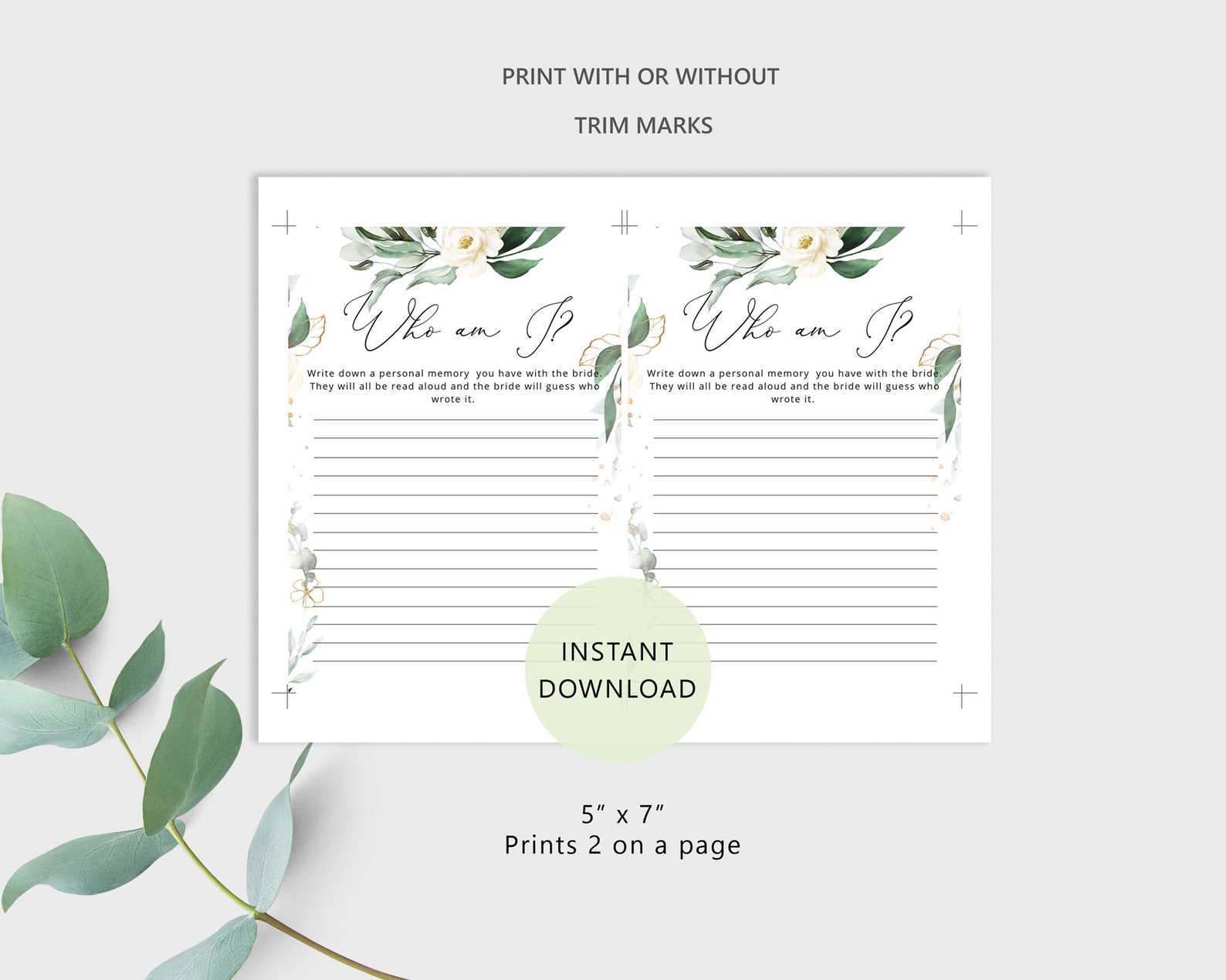 Greenery Who Am I Bridal Game. Who Am I Bridal Shower Game. Memory With ...