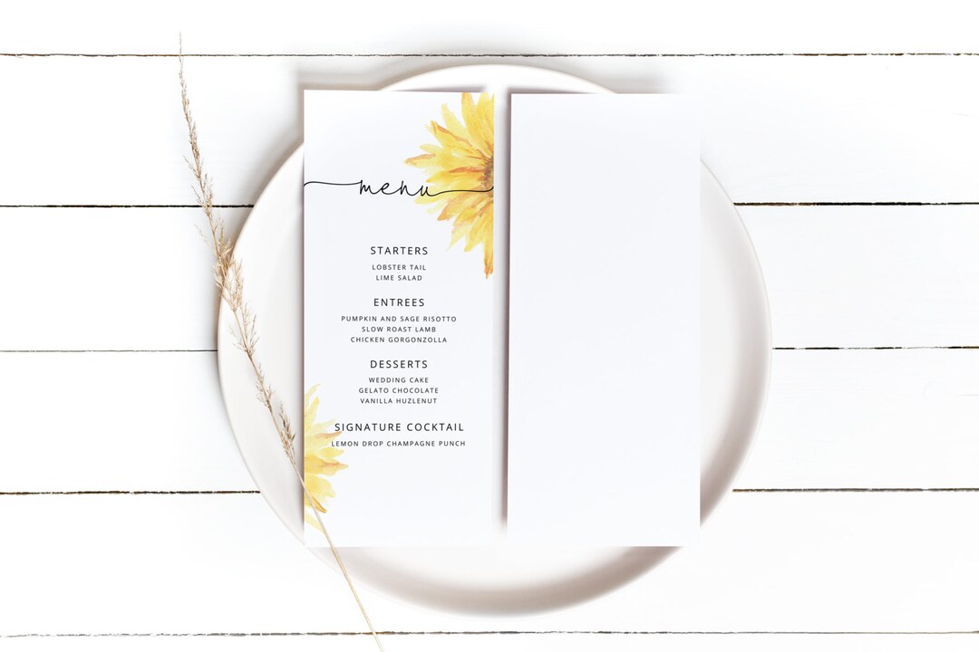 Sunflower Menu Card Template, Sunflower Bridal Shower Corjl Template # ...