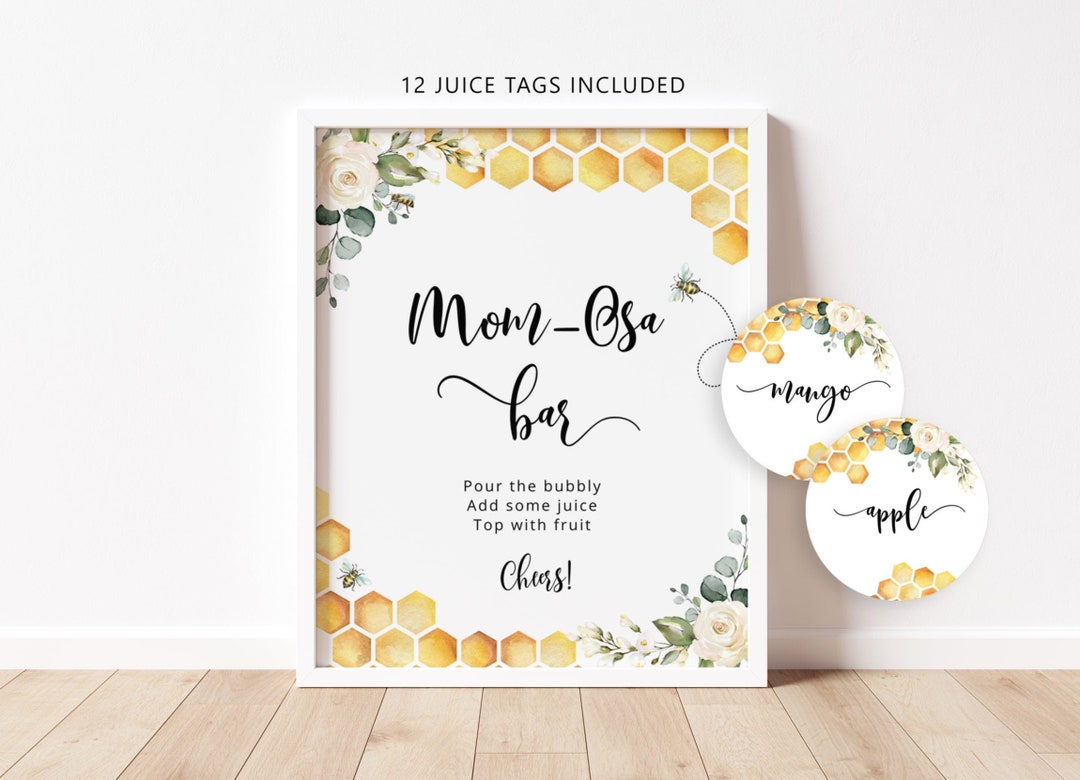 Bee Mom-osa Bar Sign, Bumble Bee Bubbly Bar Sign. Sweet as Can Bee Baby ...