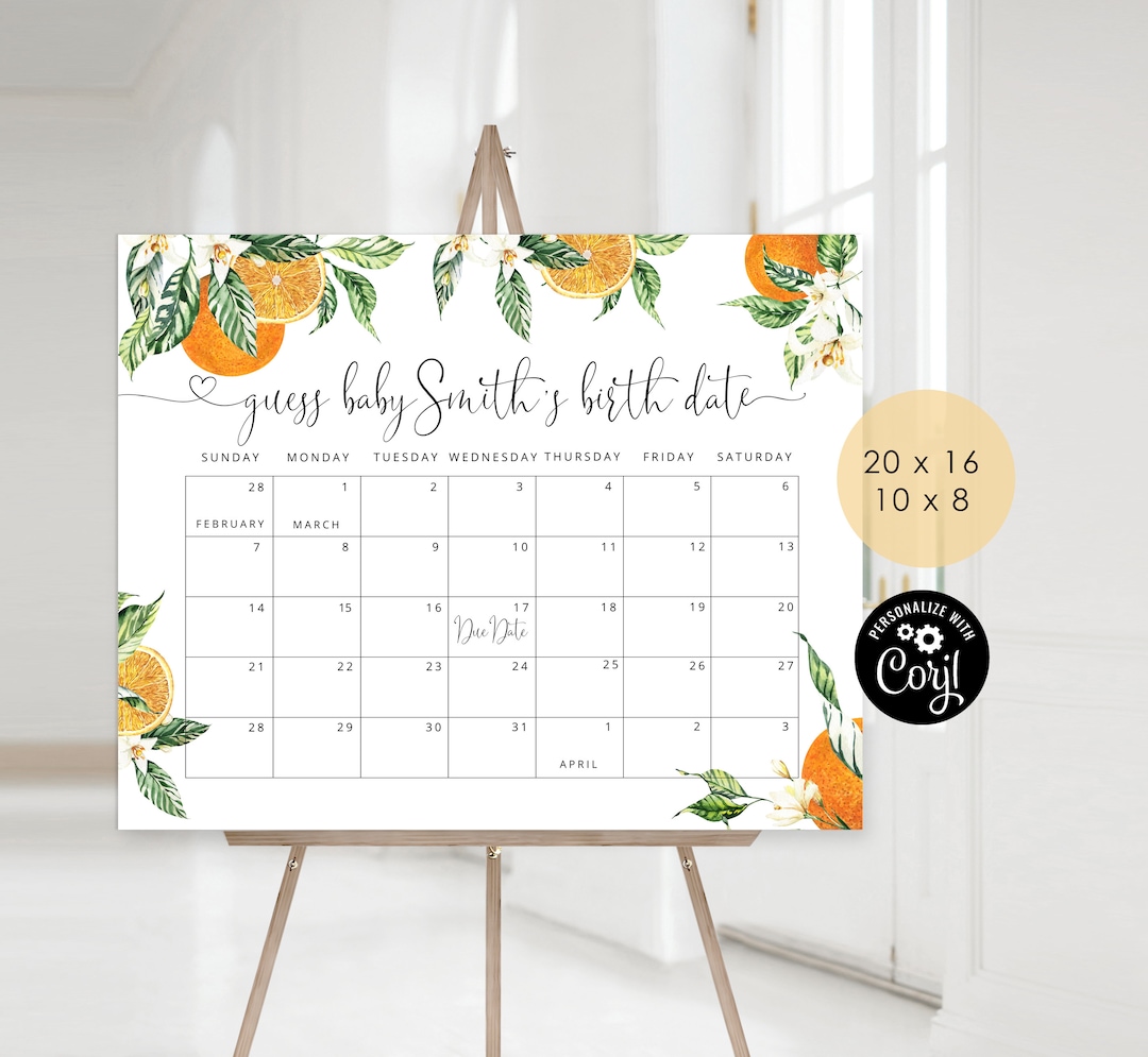 Orange Citrus Baby Shower Game: Guess Due Date Calendar (digital ...