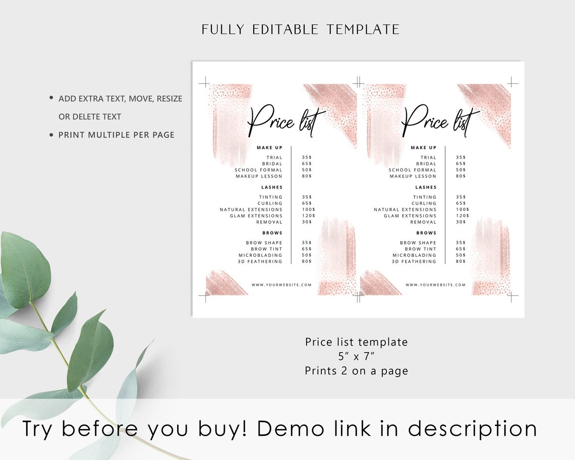 Sjabloon voor prijslijst. Rose goud prijslijst sjabloon. Diy | Etsy
