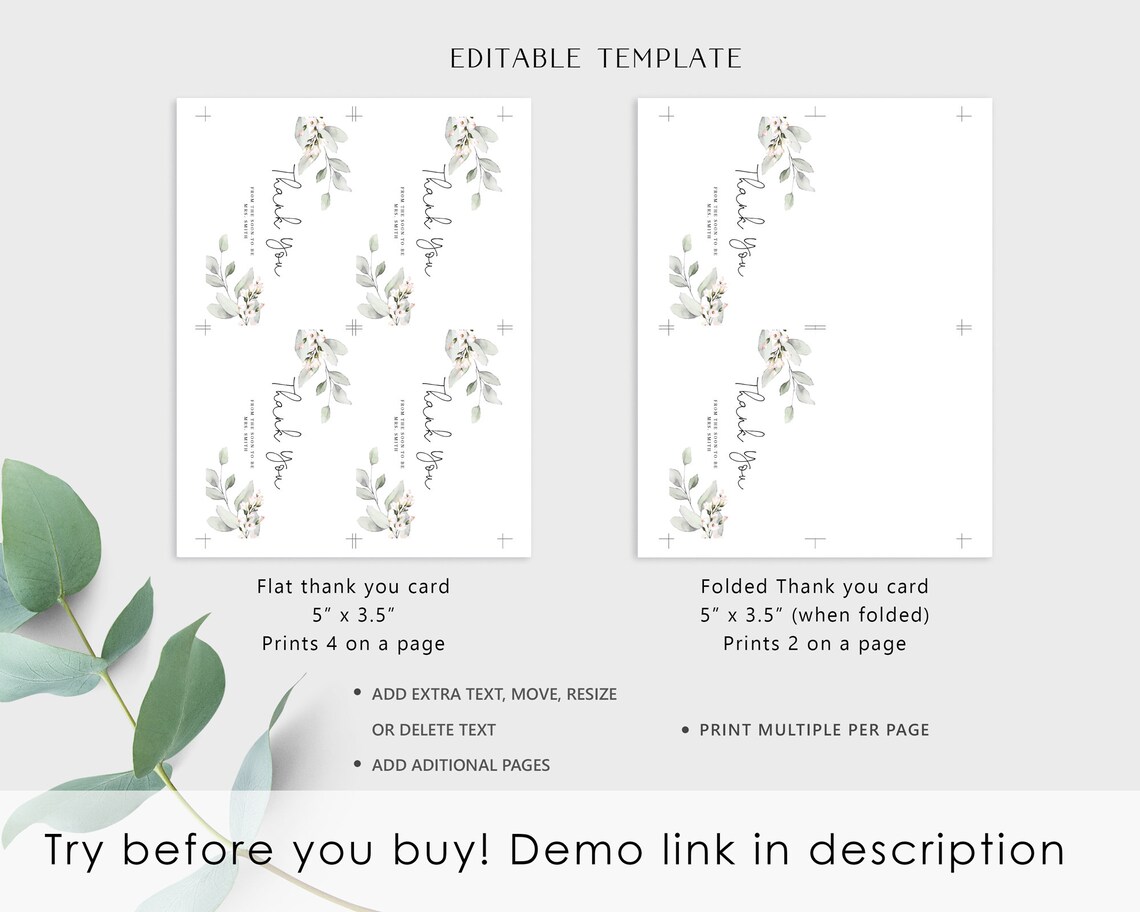 Eucalyptus greenery Thank You Cards Printable Template. | Etsy