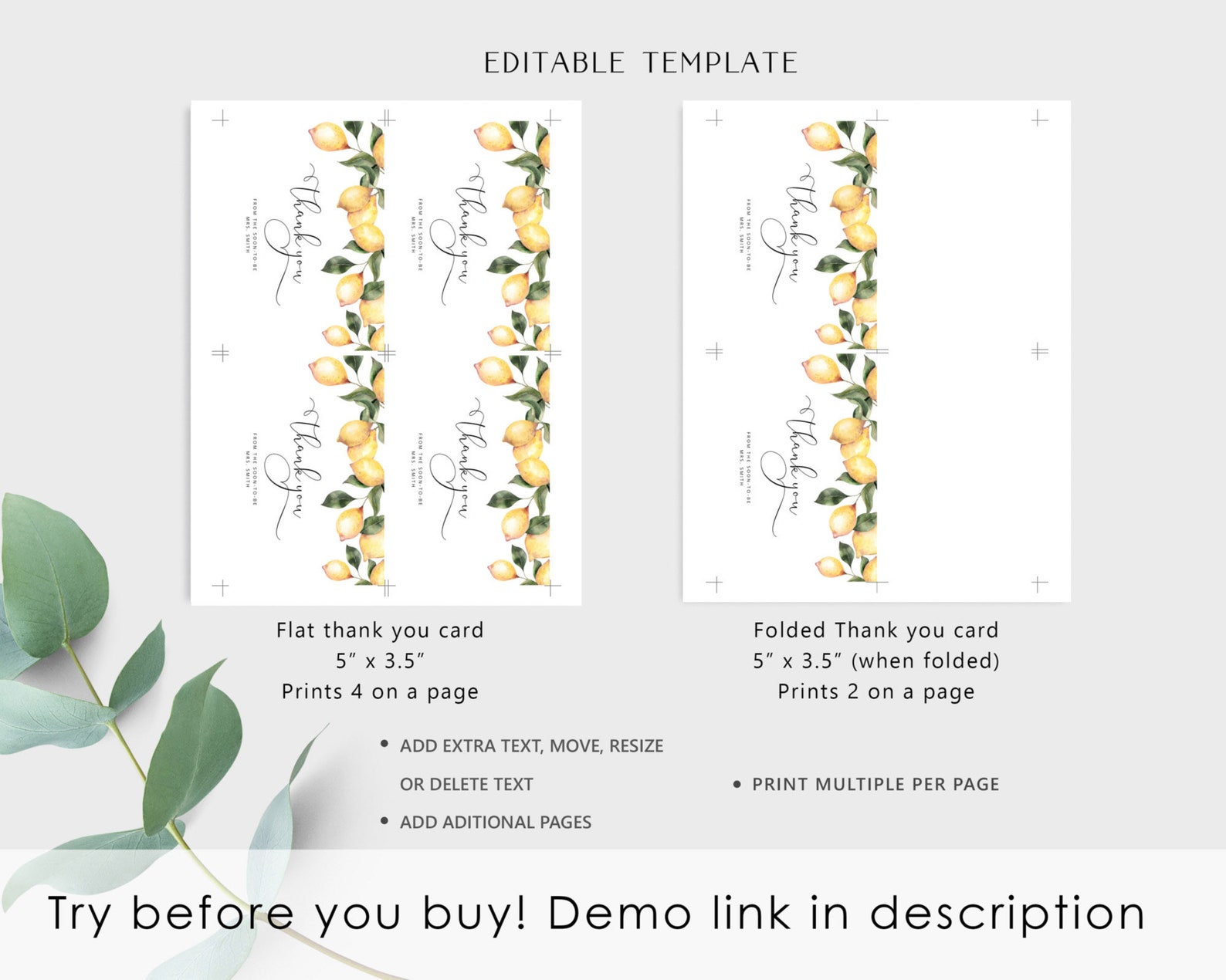 Lemon Thank You Cards Printable Template. Citrus Bridesmaid - Etsy