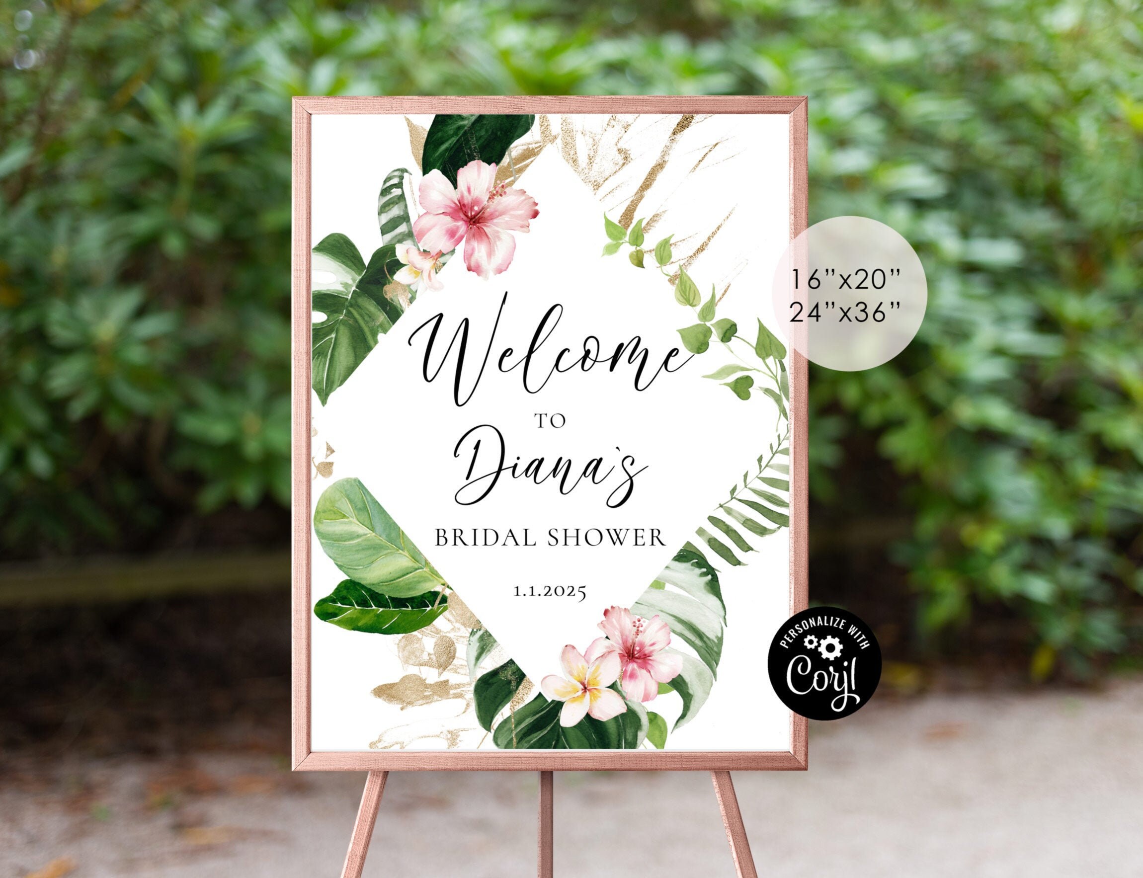 Invitations & Paper Editable Tropical Greenery Welcome Sign Modern ...