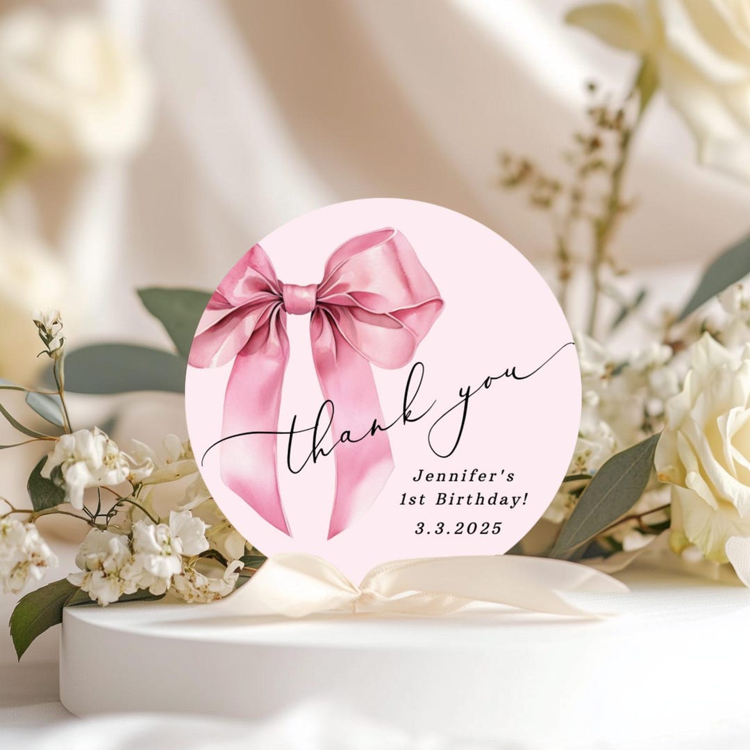 Editable Pink Bow Thank You Sticker Template. Coquette Bow Birthday ...