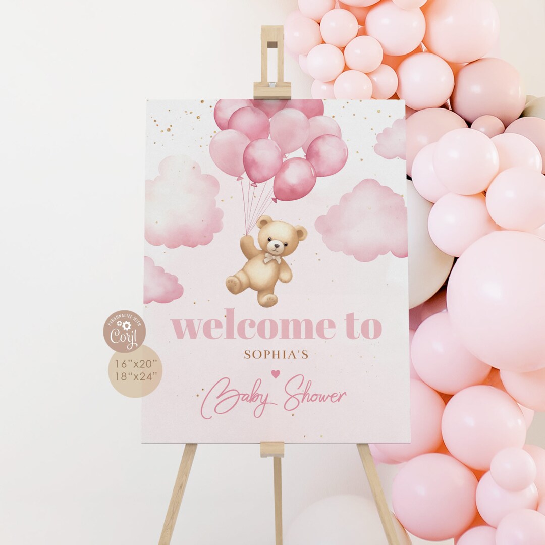 Pink Teddy Bear Baby Shower Welcome Sign. Pink Balloons Girl Baby ...