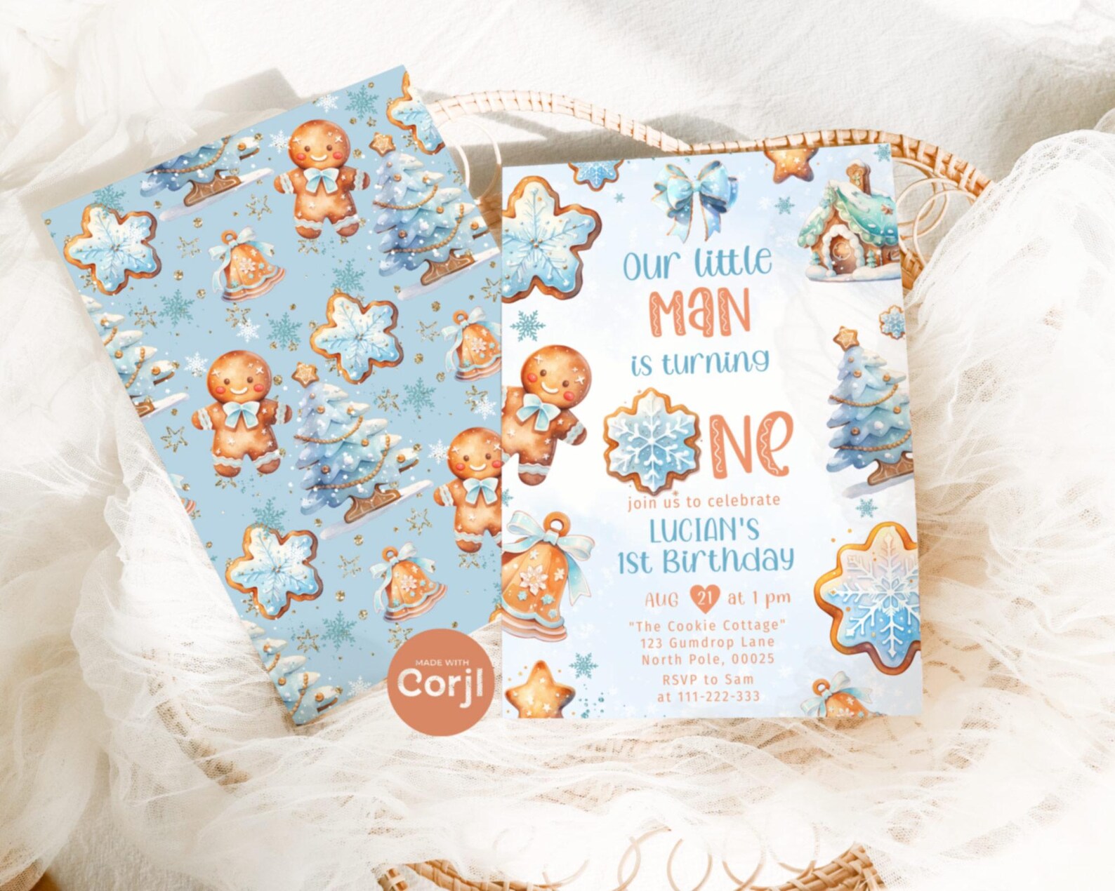 Little Man 1st Birthday Invitation. Editable Winter Blue Christmas ...