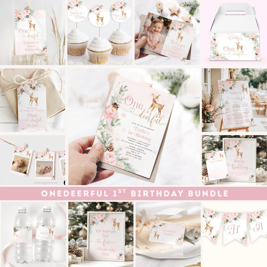 Winter One-derful Birthday Party Bundle: Pink Deer Invitation Set ...