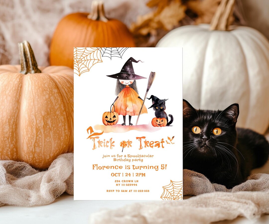 Halloween Birthday Party Invitation, Black Cat & Witch (editable) #hp1 ...