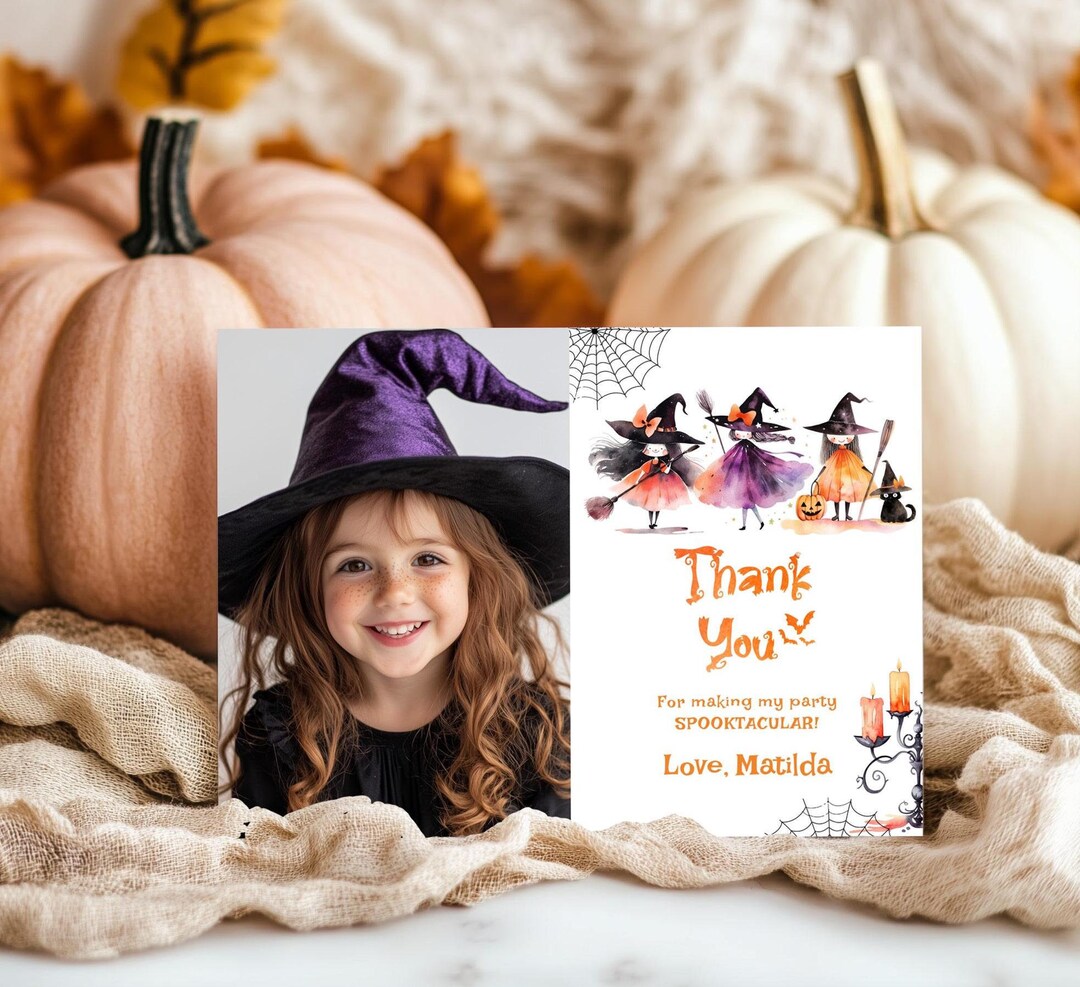 Kids Halloween Party Thank You Card With Photo. Editable Witch Costume ...