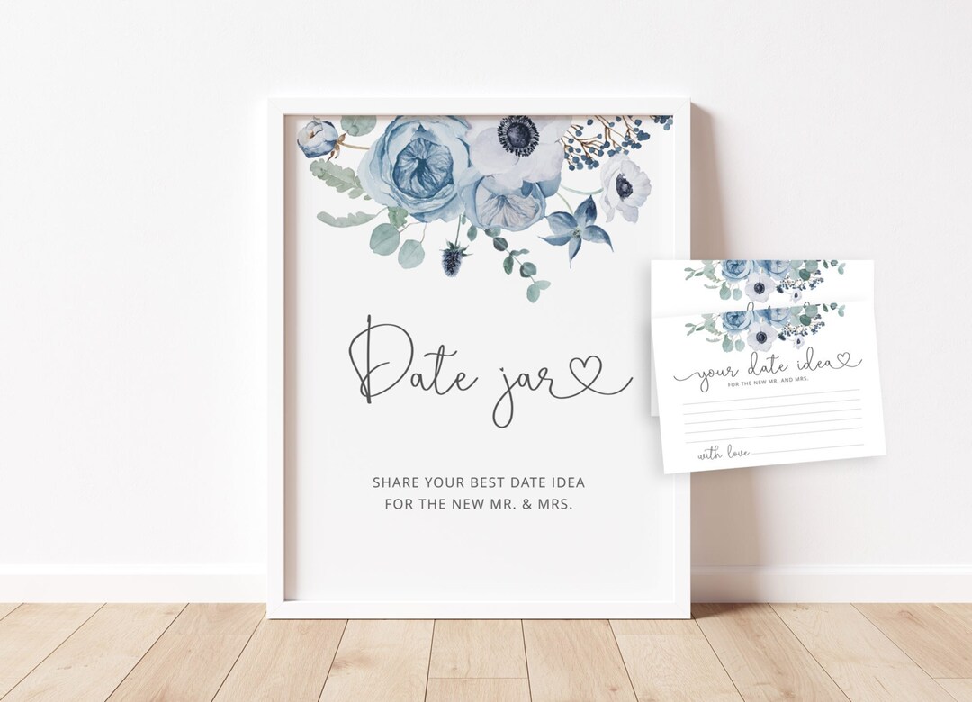 Dusty Blue Date Jar Game. Floral Elegant Date Ideas Cards. Date Night ...