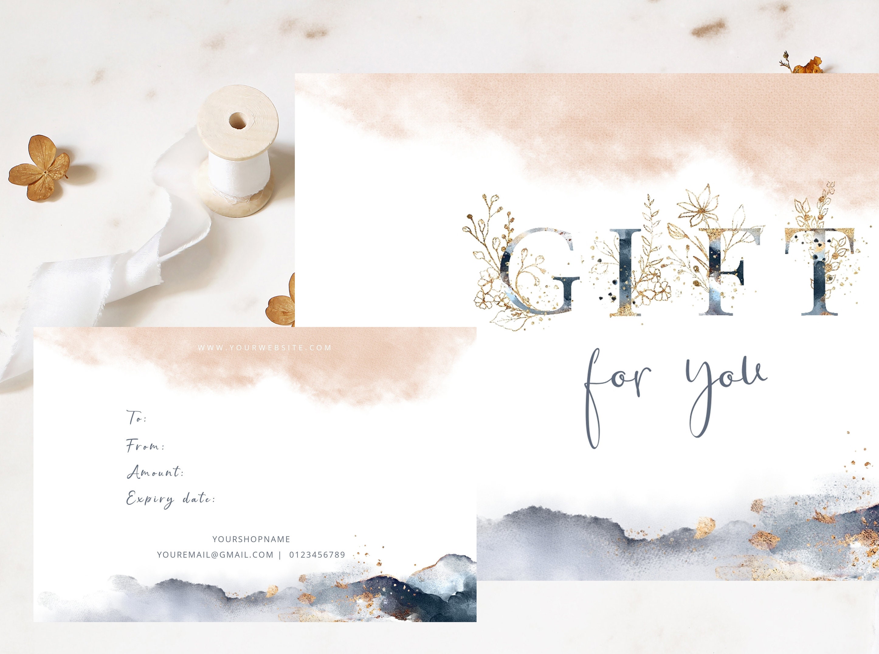 Editable double sided Gift Certificate Template abstract navy. | Etsy
