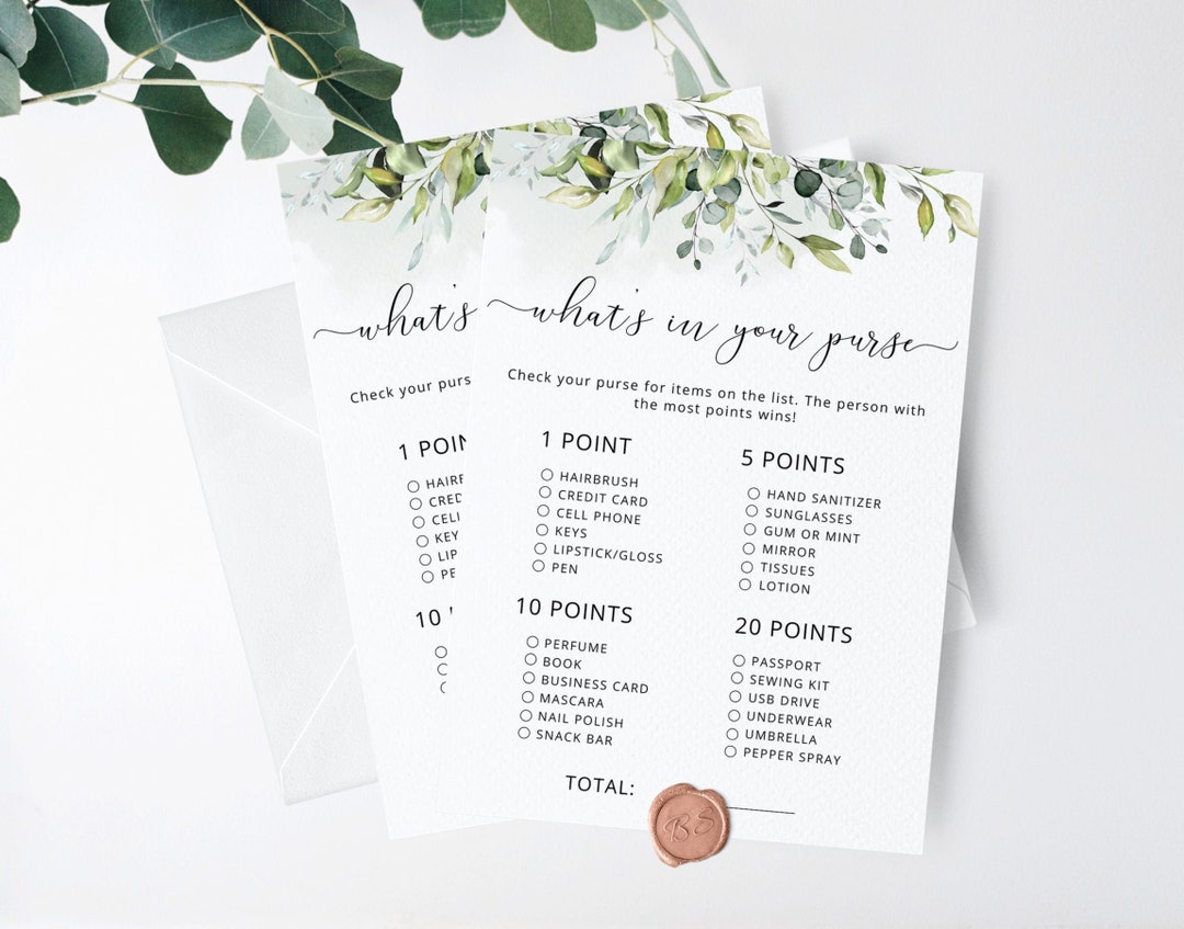 What's in Your Purse Game. Greenery Eucalyptus Bridal Shower Games ...