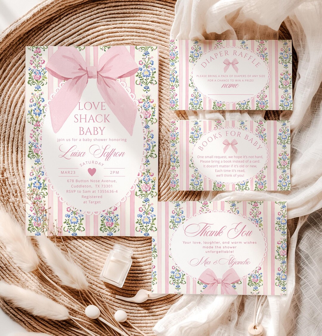 Love Shack Baby Shower Invitation Bundle, Coquette Pink Bow Editable ...
