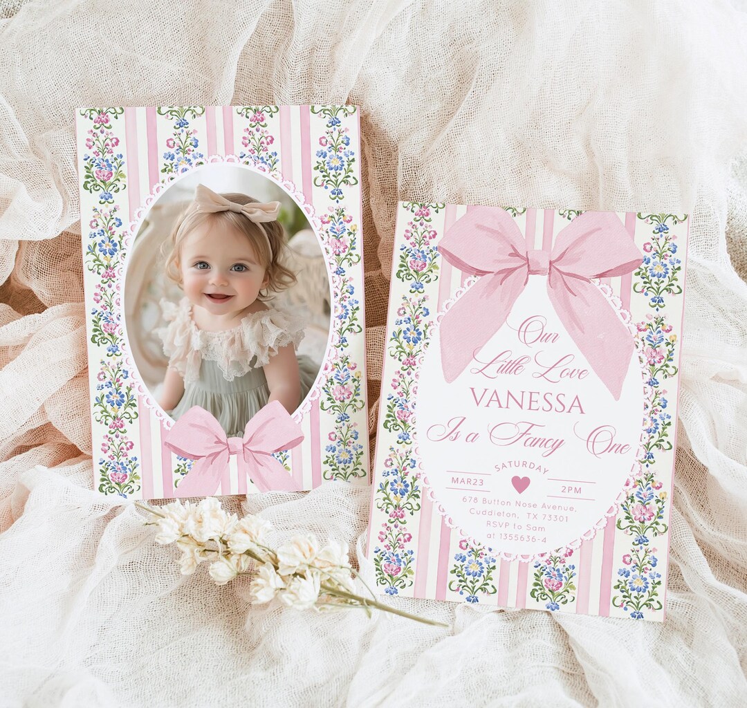 Love Shack Fancy 1st Birthday Invite, Whimsical Bow Photo Editable ...