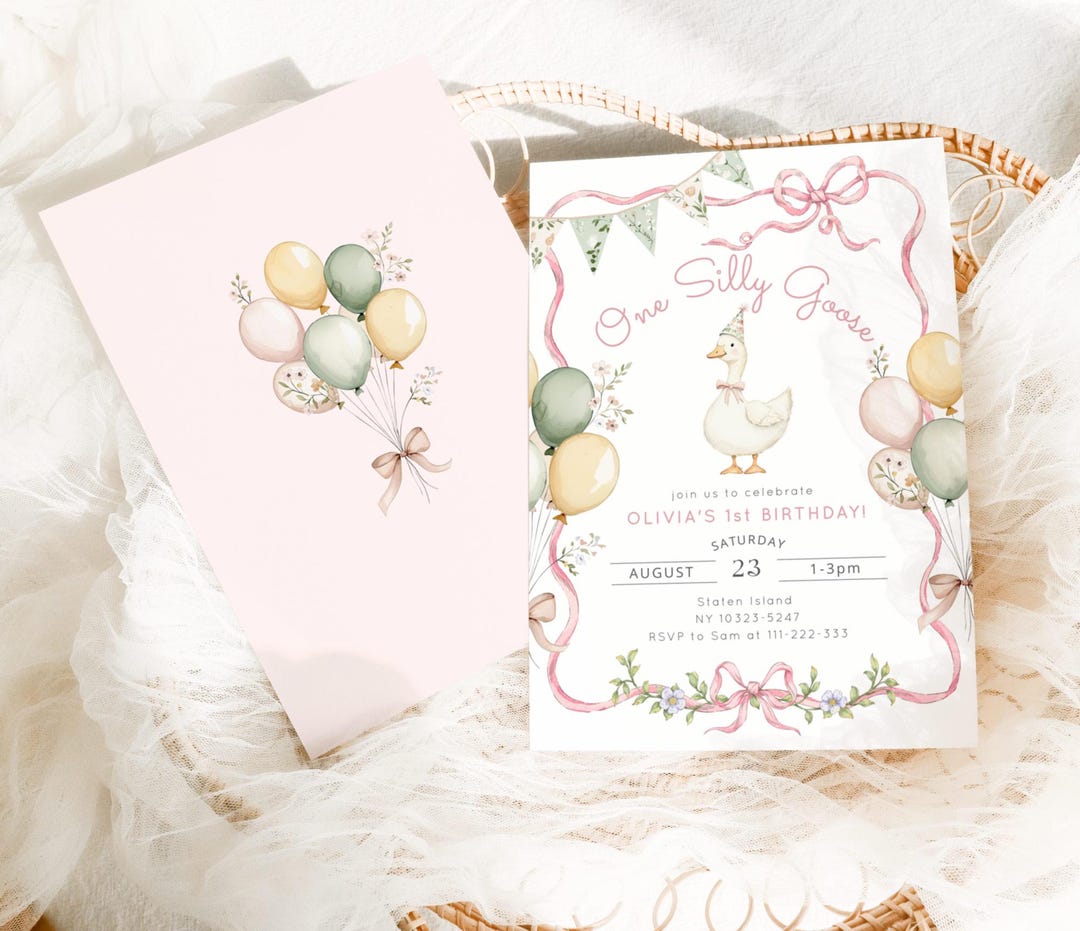 Editable One Silly Goose Pink Girl Birthday Invitation, Girl 1st ...
