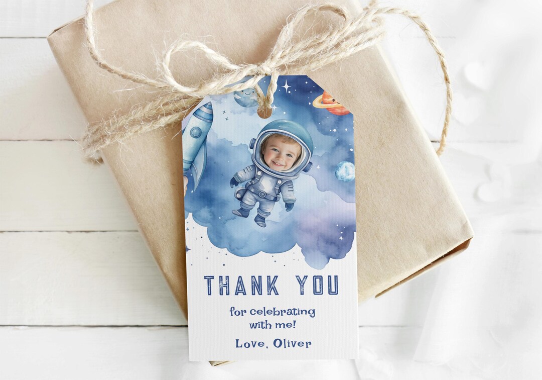 Editable Outer Space Birthday Thank You Tag. Blue Boy Space Photo ...