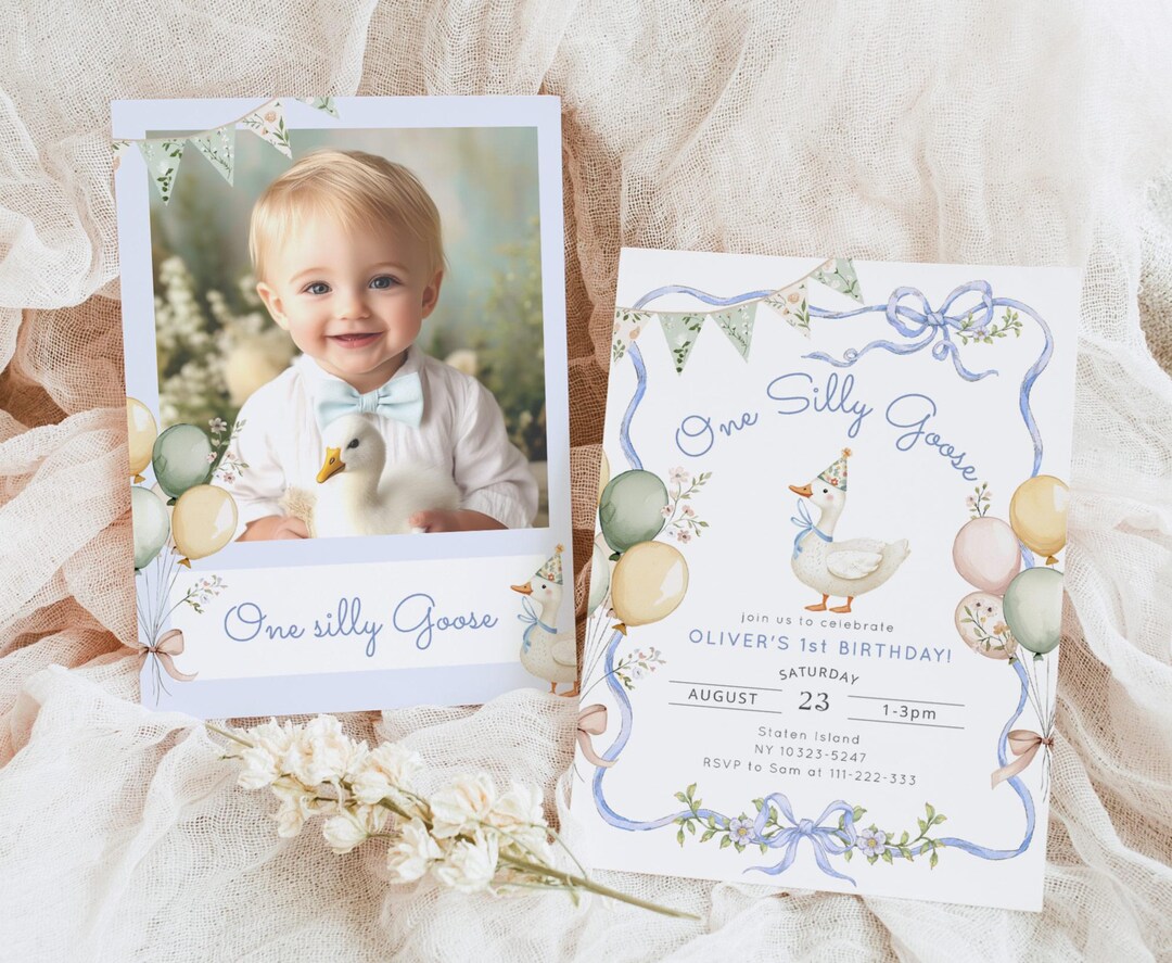 Editable One Silly Goose Boy Birthday Invitation, Blue 1st Birthday ...