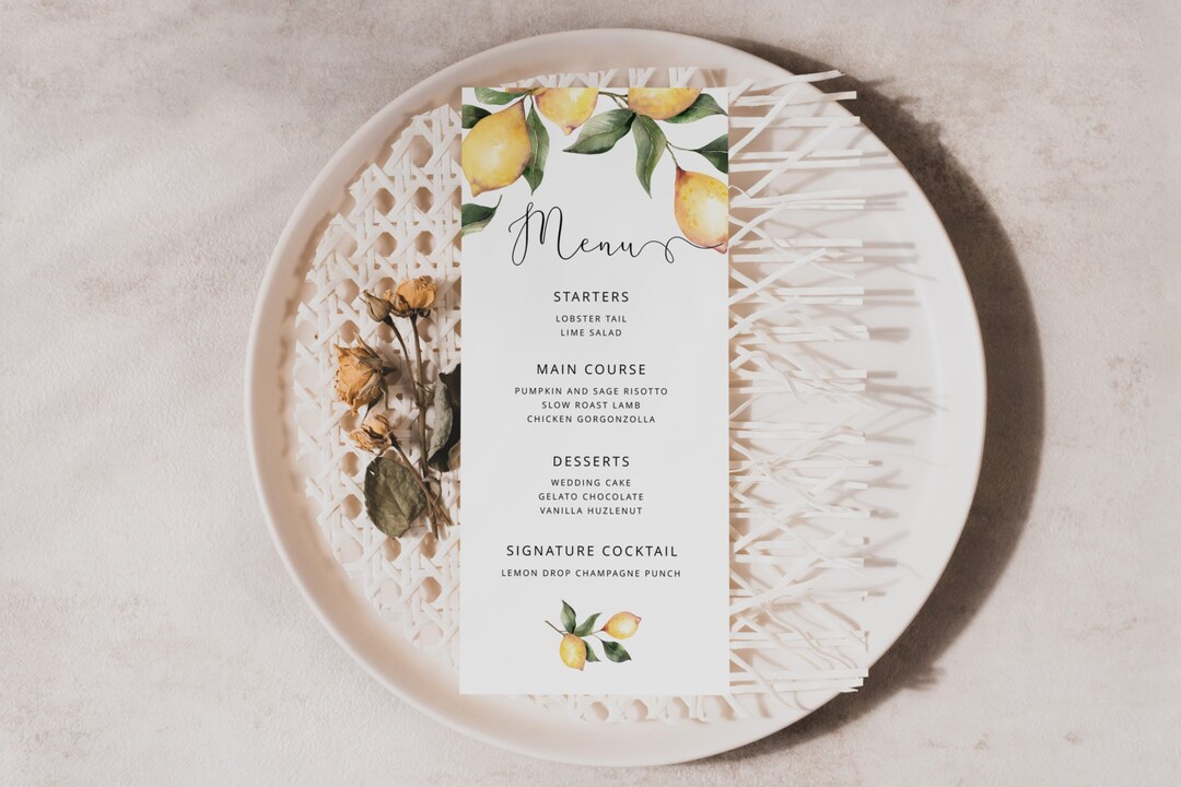 Lemon Wedding Menu Card. Elegant Lemons Menu Card Template. Lemon ...