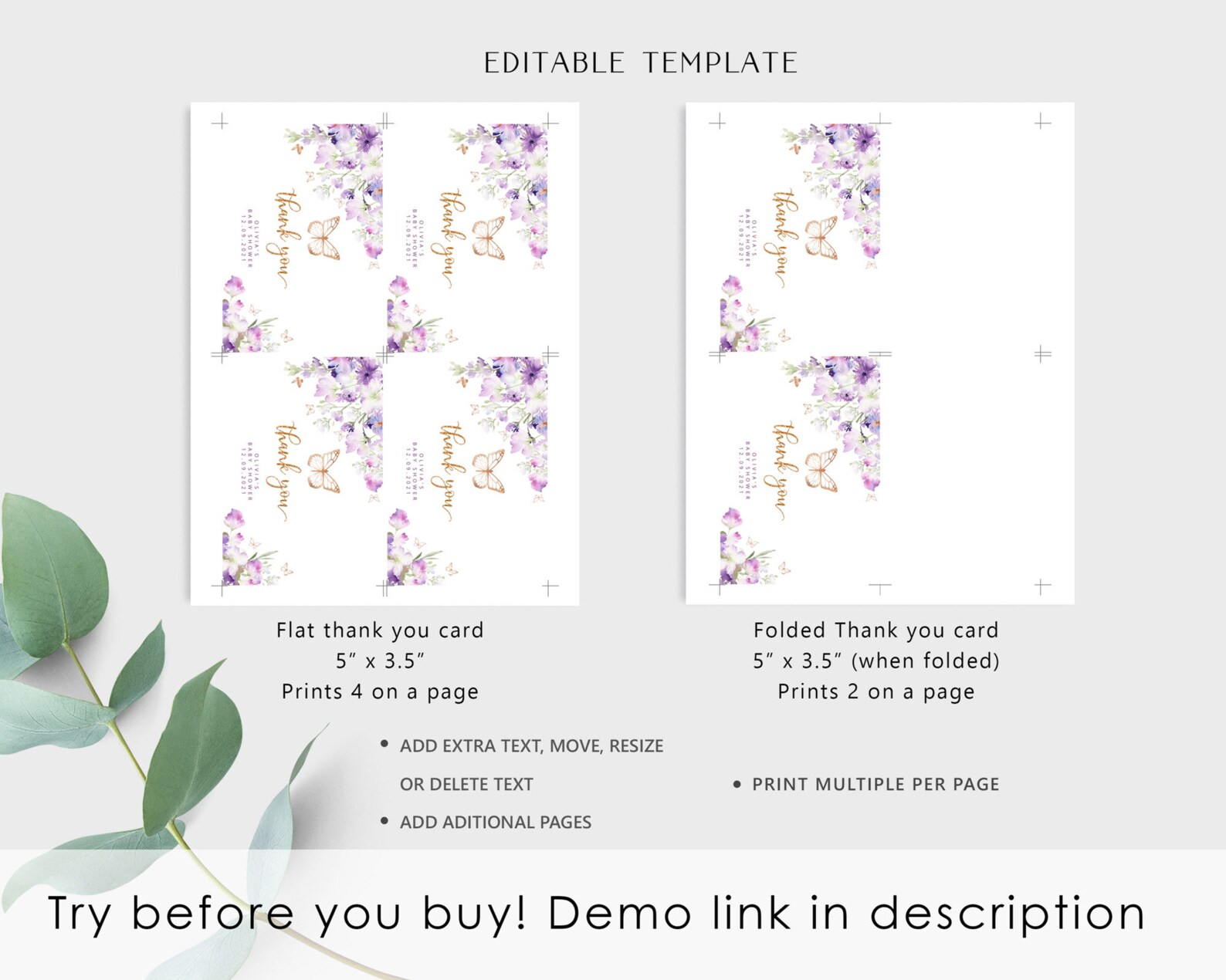 Butterfly Thank You Card Printable Template. Lilac Spring Flowers Baby ...