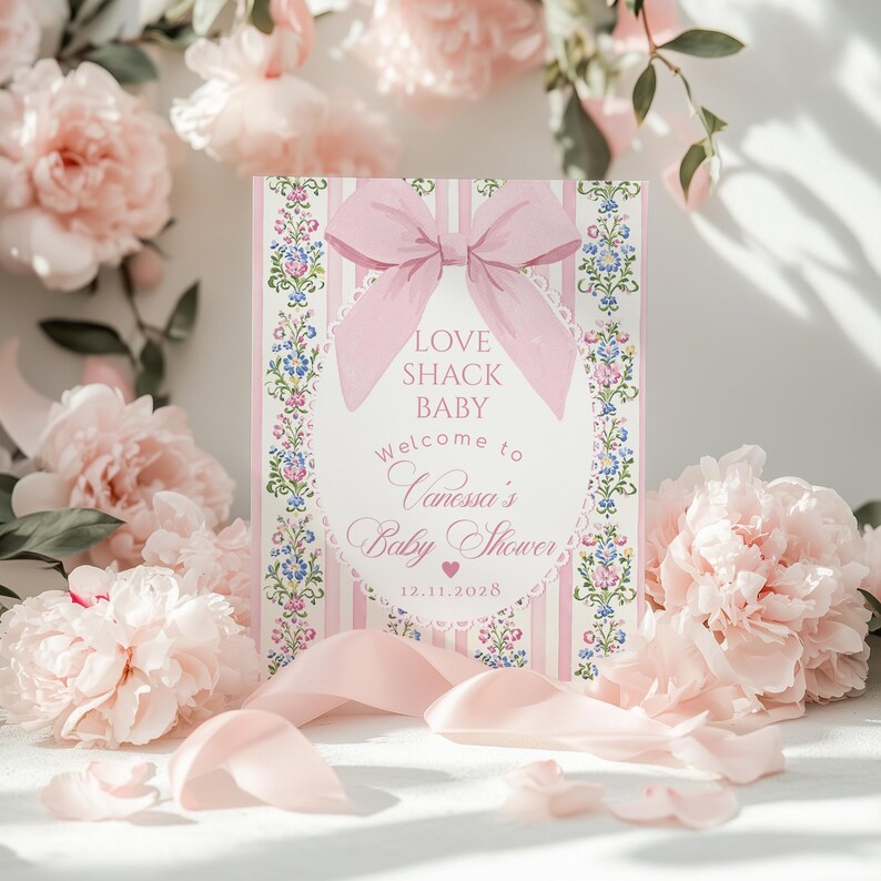 Love Shack Baby Shower Welcome Sign Template, Coquette Bow Editable ...