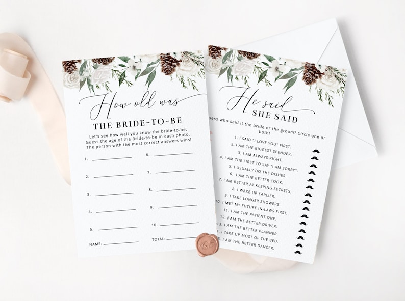Evergreen Bridal Shower Games Bundle, Winter Wedding Shower Games ...