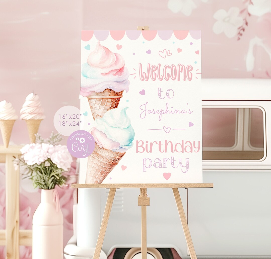 Ice Cream Birthday Welcome Sign: Pastel Party Decor (editable Template ...