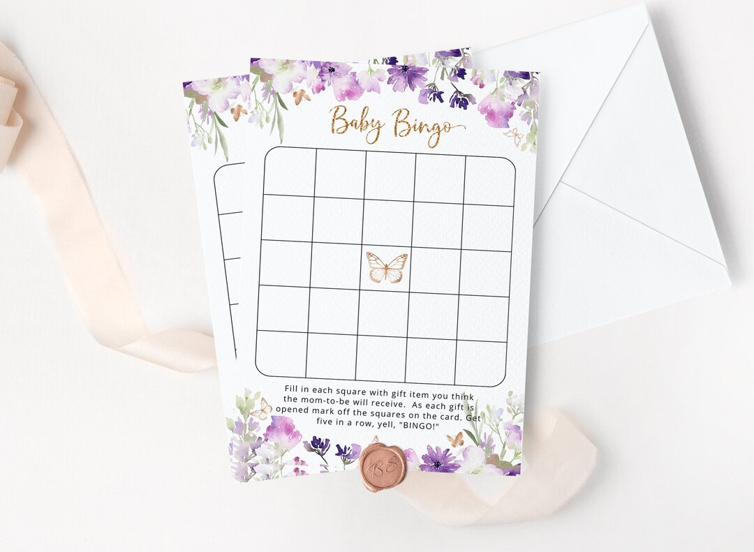 Butterfly Baby Shower Bingo Card. Purple Baby Shower Games Printable ...