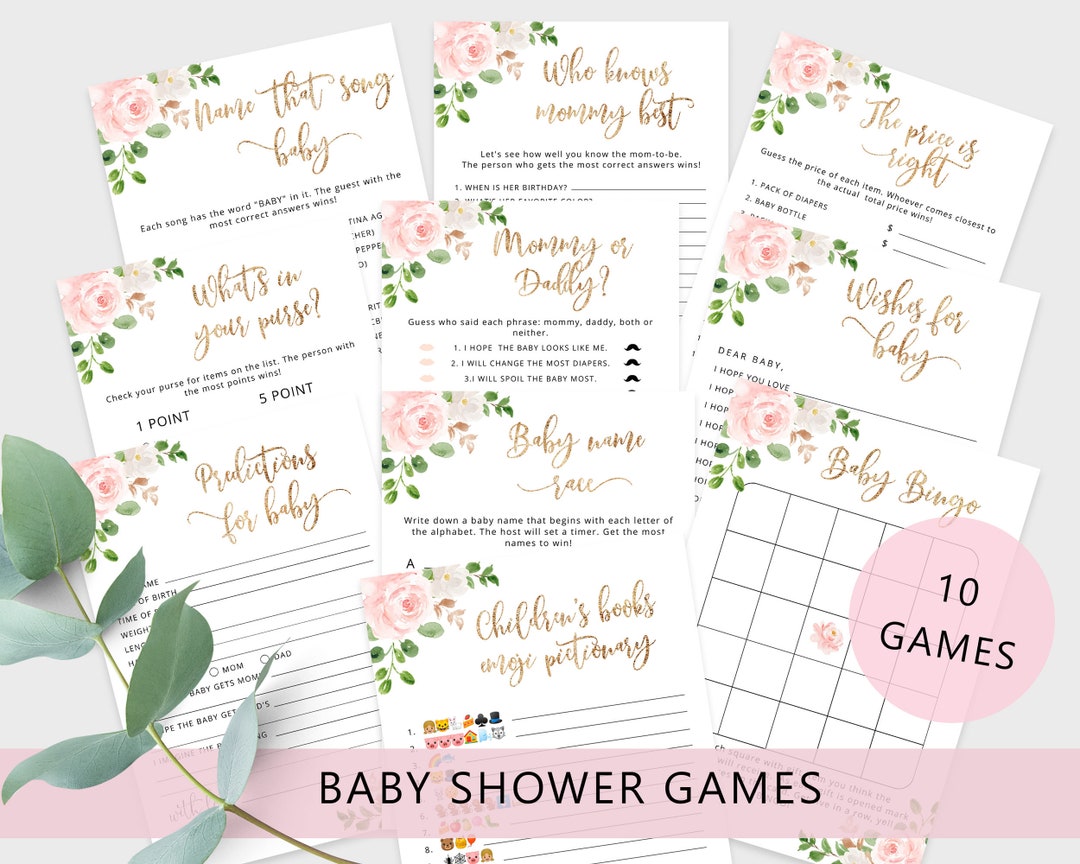 Floral Baby Shower Games Bundle. Blush Pink Gold Baby Shower Games ...