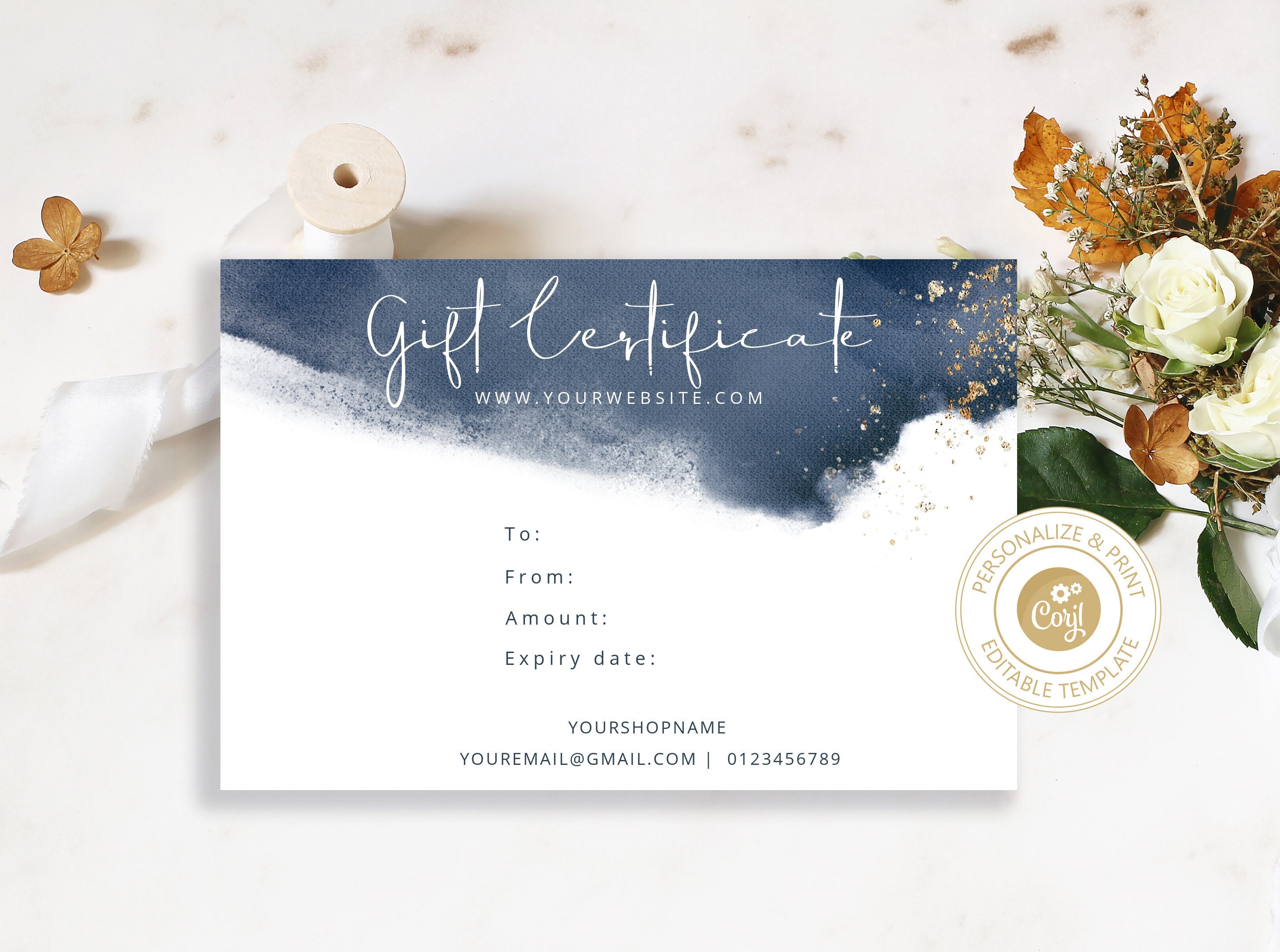 Editable Gift Certificate Template abstract navy. Corjl | Etsy