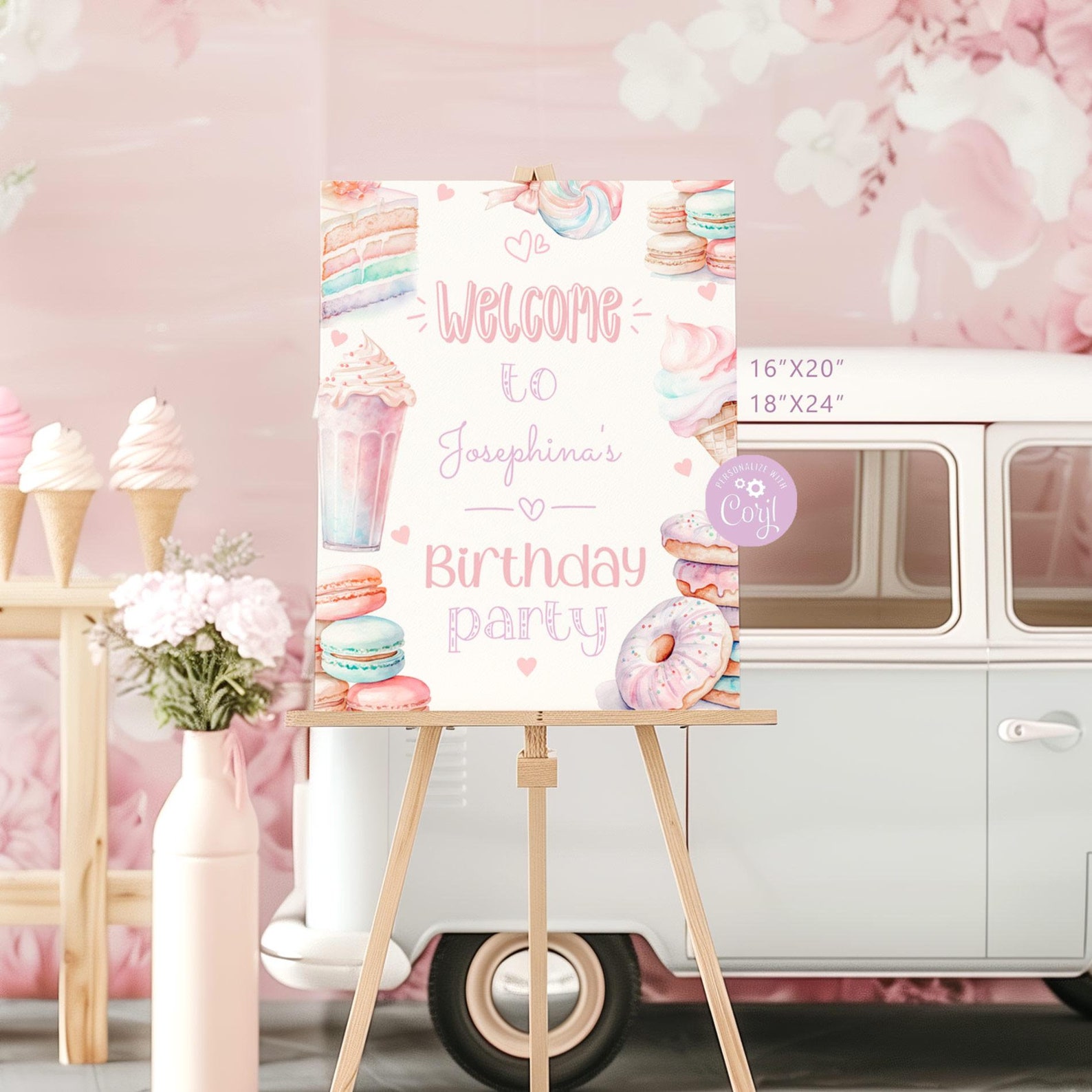 Sweet Birthday Party Welcome Sign. Sweet Pastel Ice Cream Macarons ...