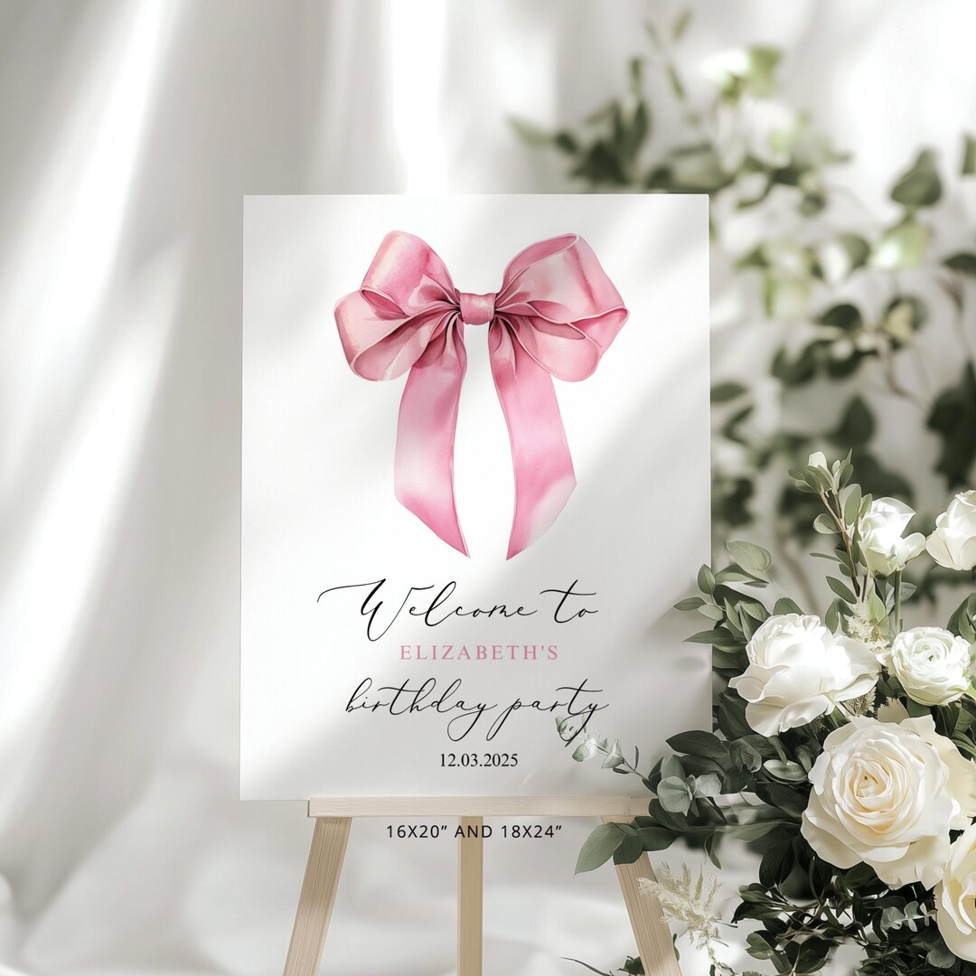 Editable Pink Bow Welcome Sign. Minimalist Coquette Bow Girl Birthday ...