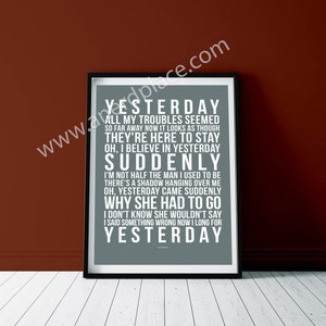 Yesterday - the Beatles Song Lyric Wall Art Print Quote Text Verse ...