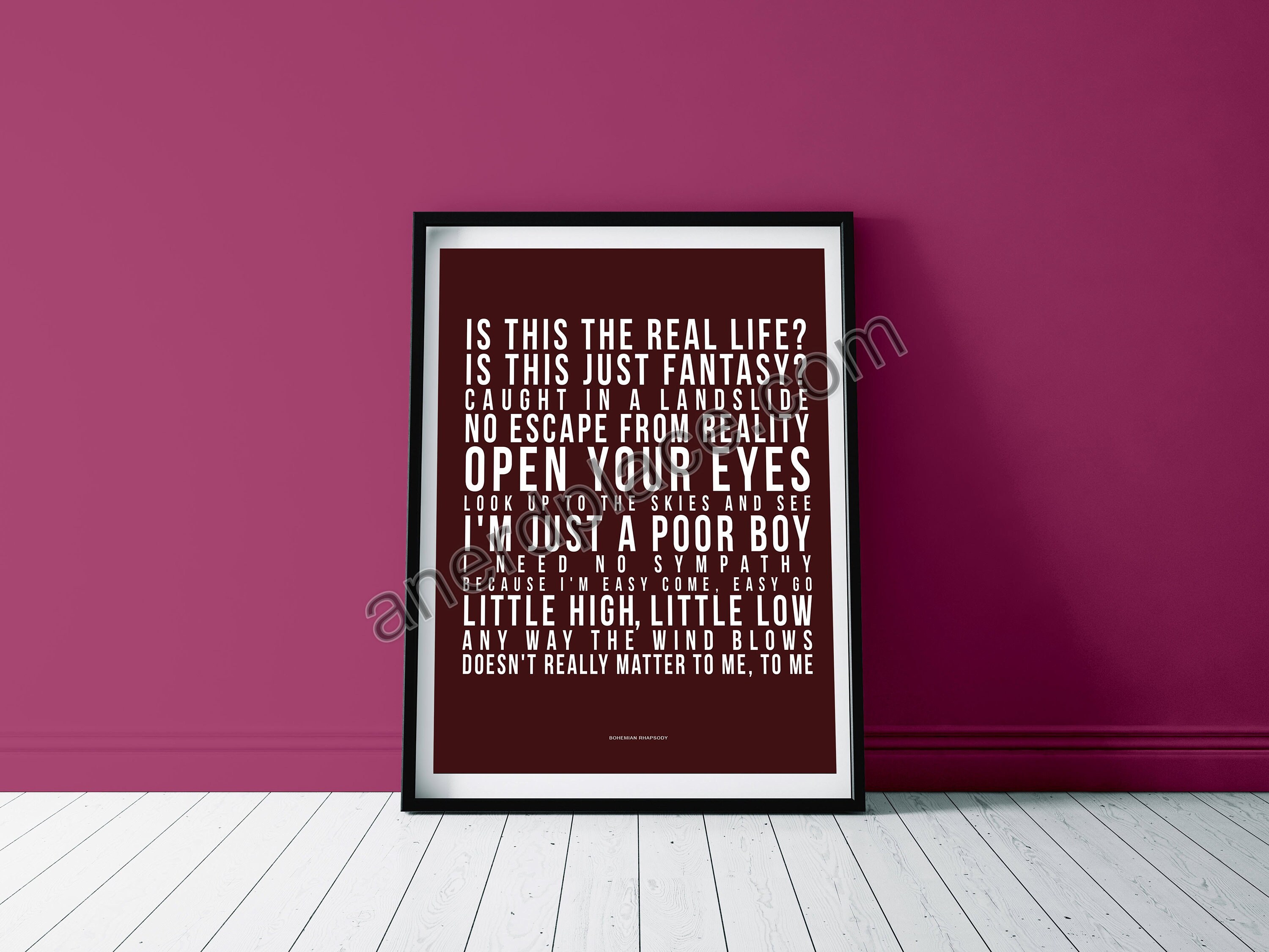 Bohemian Rhapsody Queen Art Print Quote Song Lyric Text Verse ...