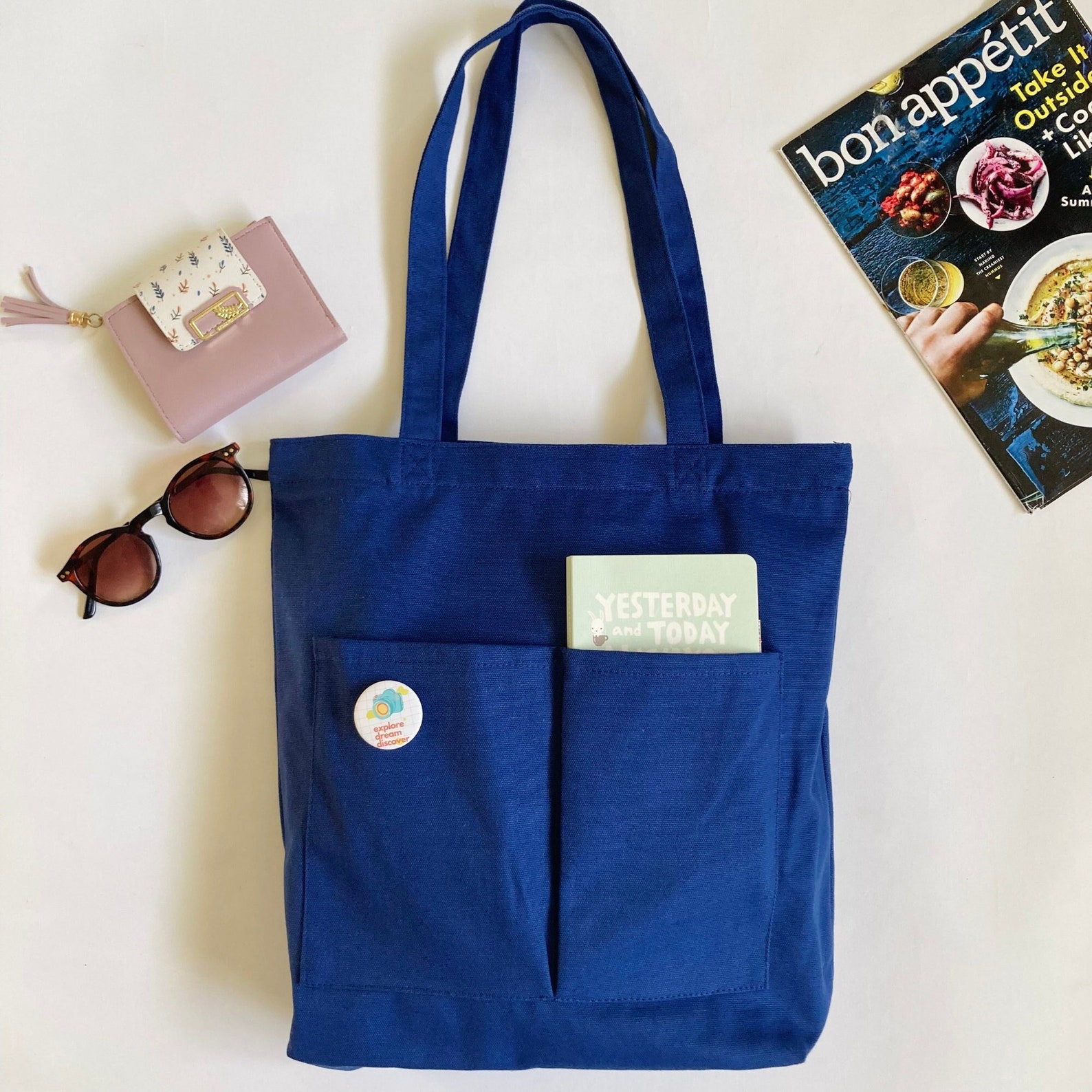 Blue Cotton Tote Bag, Canvas Tote Bag With Pockets & Zipper, Canvas ...