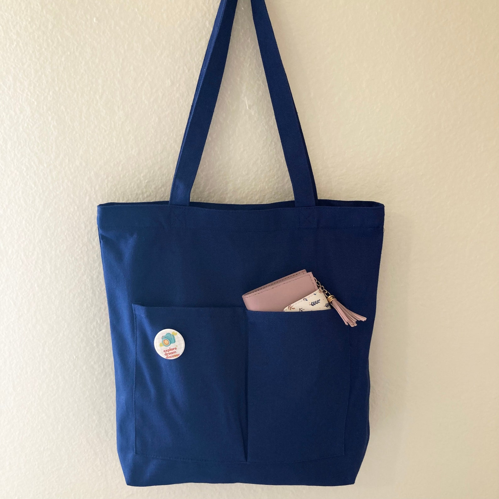 Blue Cotton Tote Bag, Canvas Tote Bag With Pockets & Zipper, Canvas ...