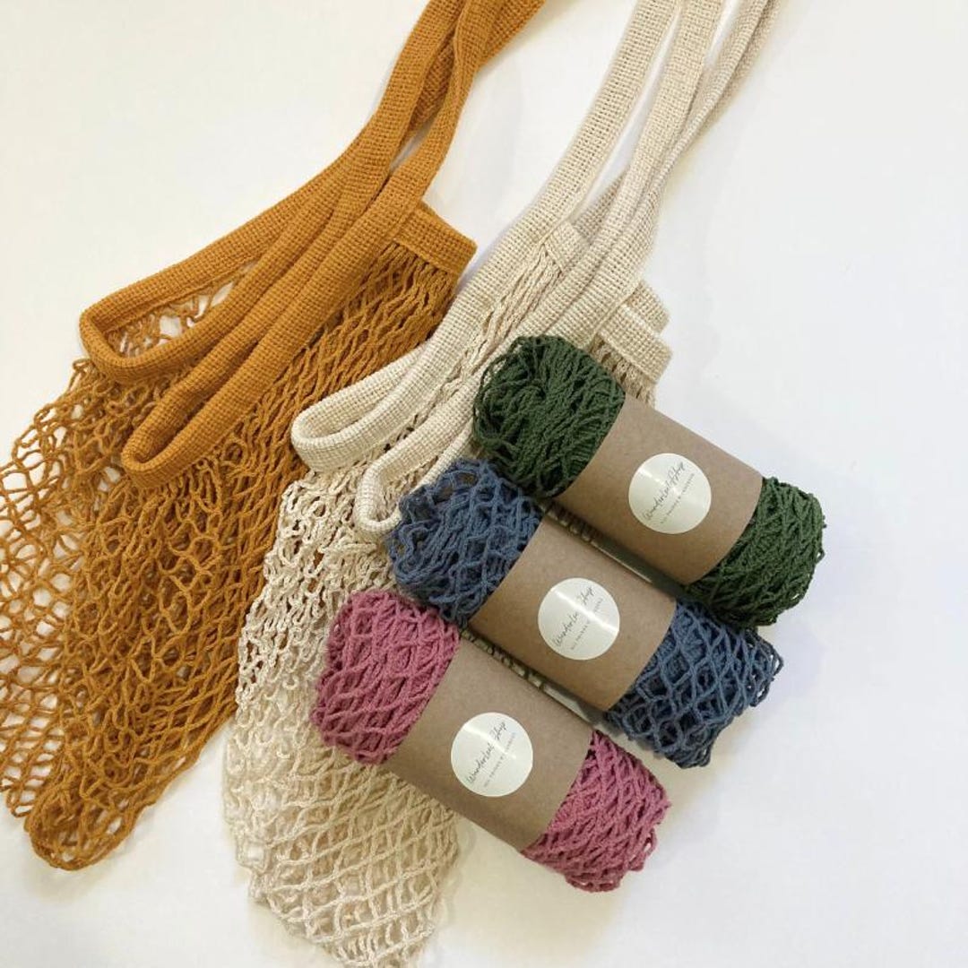 Crochet String Mesh Market Bags Long Handles, Farmers Market Cotton ...
