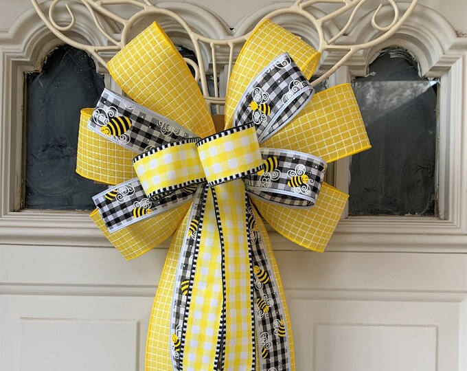 Bee Bow, Buffalo Plaid Honey Bee Bow for Wreath, Bumble Bee Bow ...