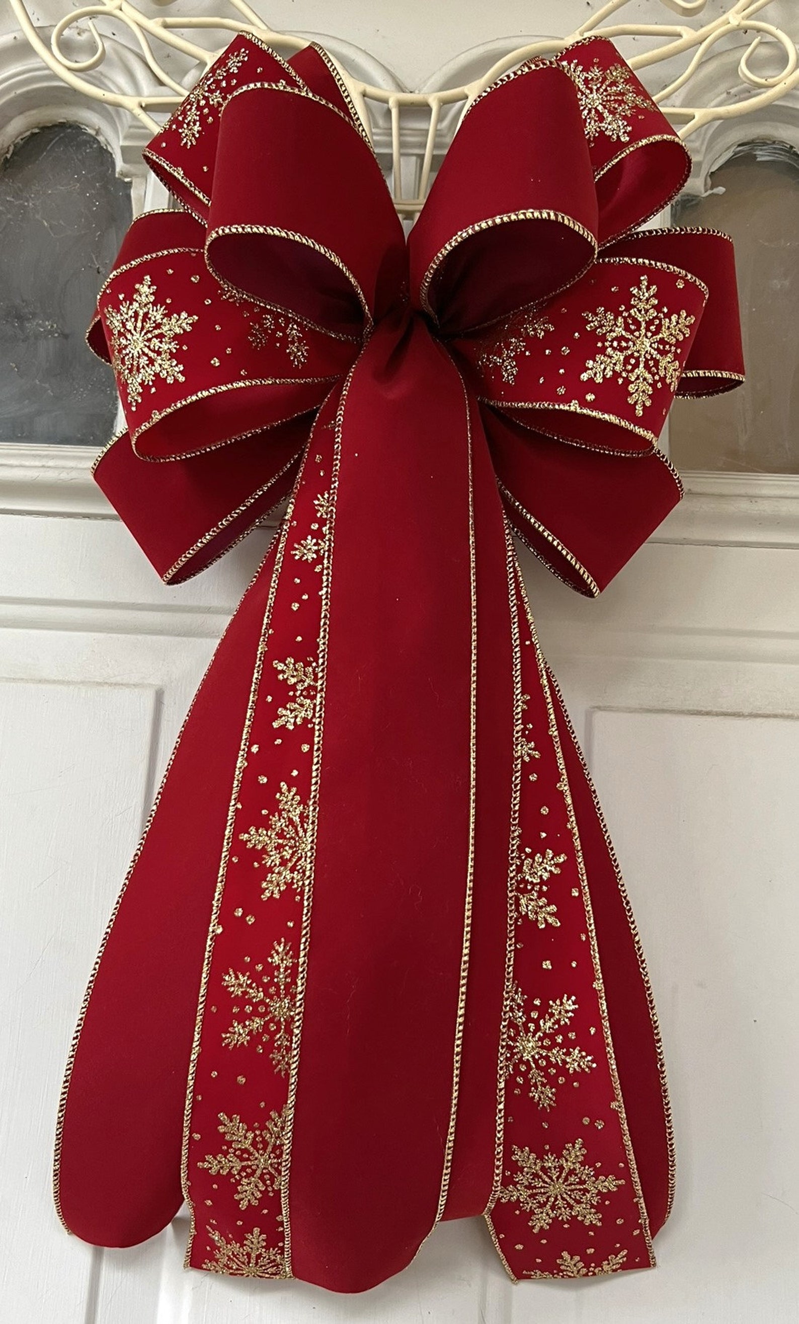 Scarlet Red Snowflake Velvet Christmas Tree Topper Bow, Lantern Bow ...