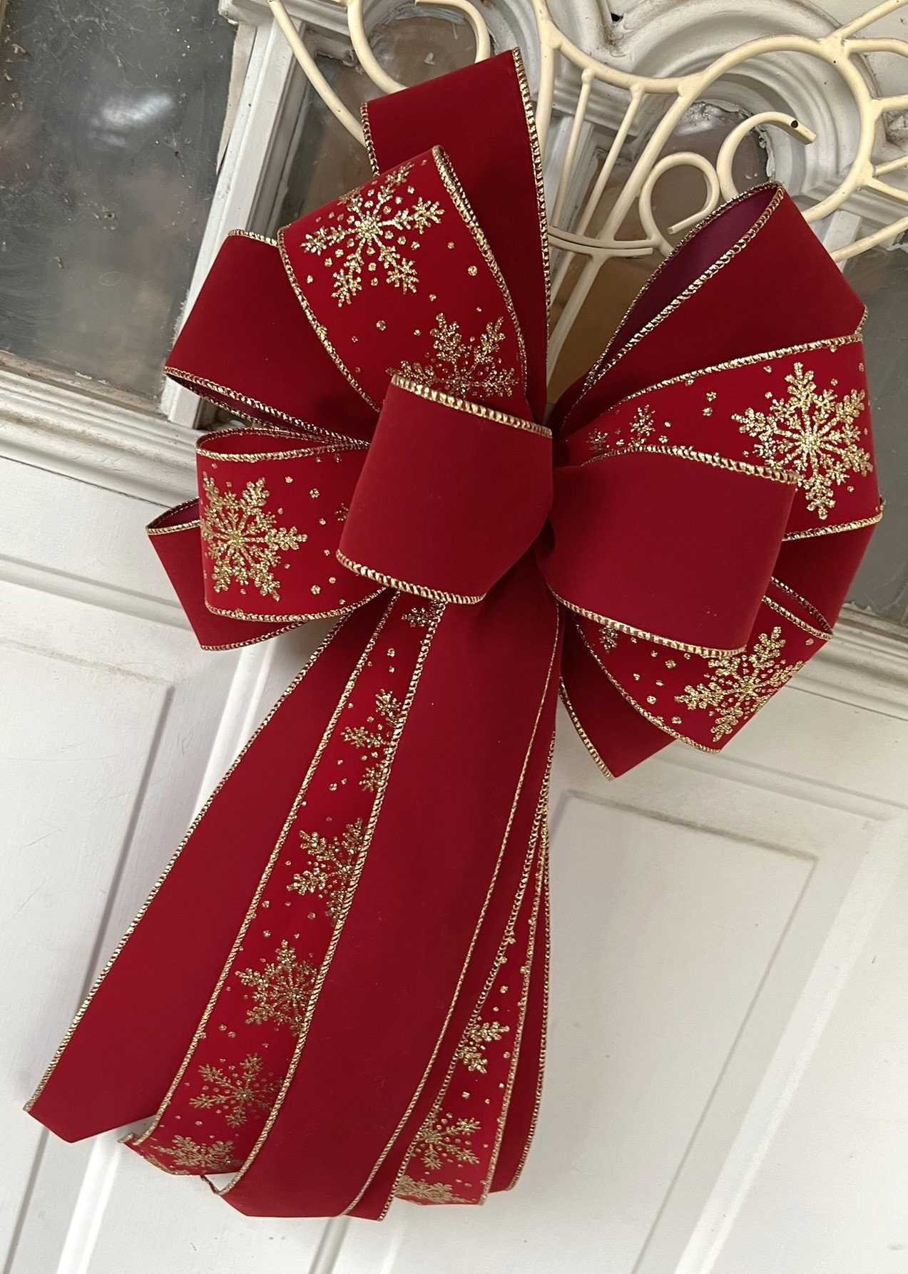 Scarlet Red Snowflake Velvet Christmas Tree Topper Bow, Lantern Bow ...
