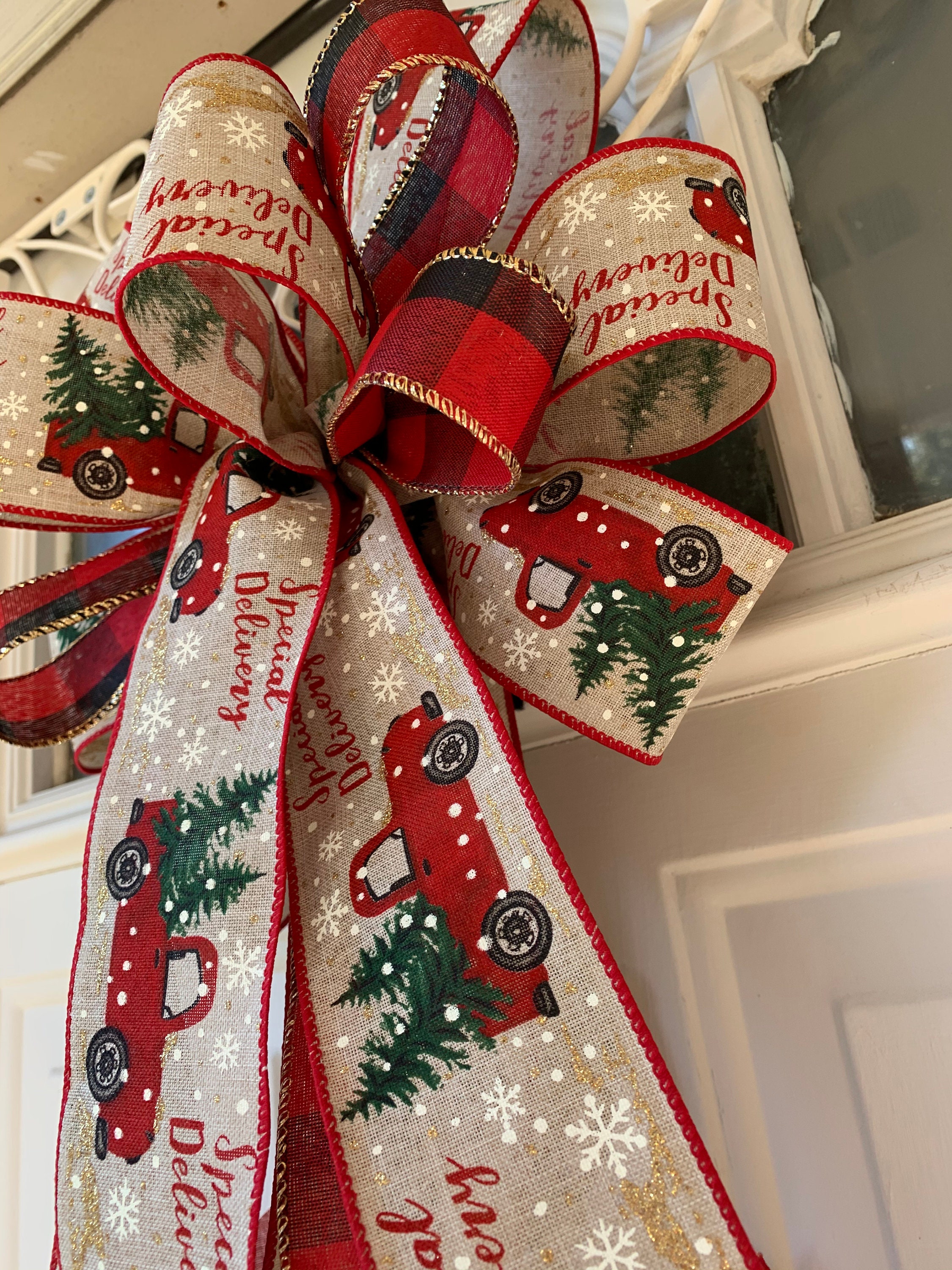 Red Truck Christmas Bow with Buffalo Plaid for Wreath Lantern | Etsy