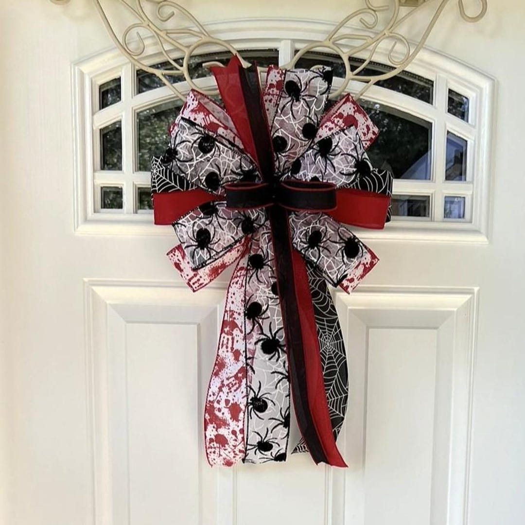 Halloween Spider Bow With Web and Blood Splatter Ribbon, Creepy Red and ...