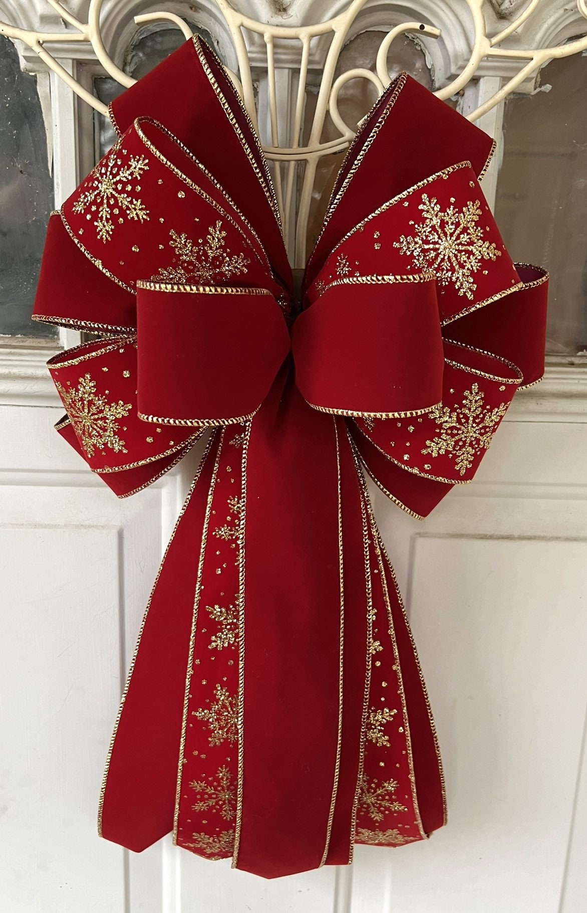 Scarlet Red Snowflake Velvet Christmas Tree Topper Bow, Lantern Bow ...